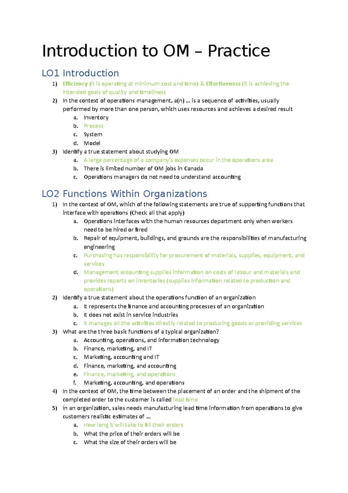 Introduction to OM Practice - Introduction to OM – Practice LO1 ...