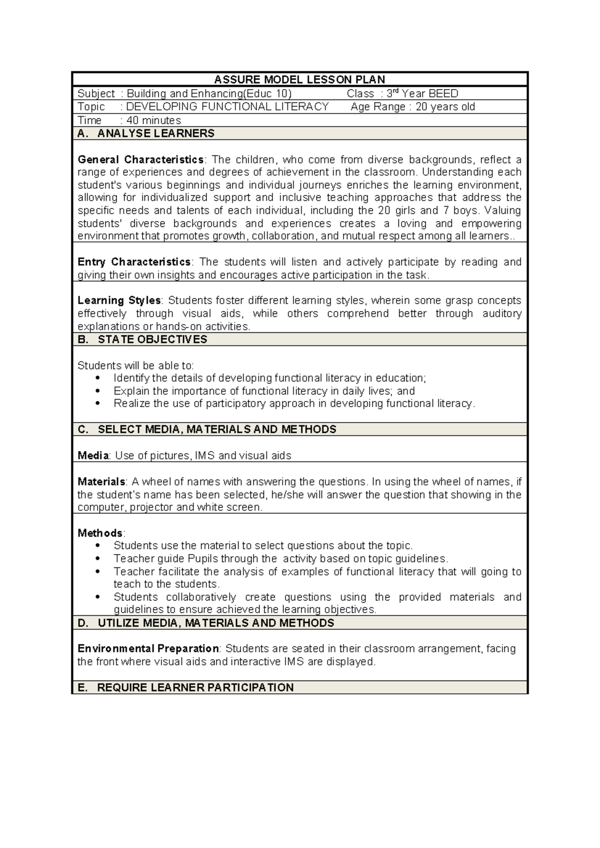 Assure model Lesson PLAN - ASSURE MODEL LESSON PLAN Subject : Building ...
