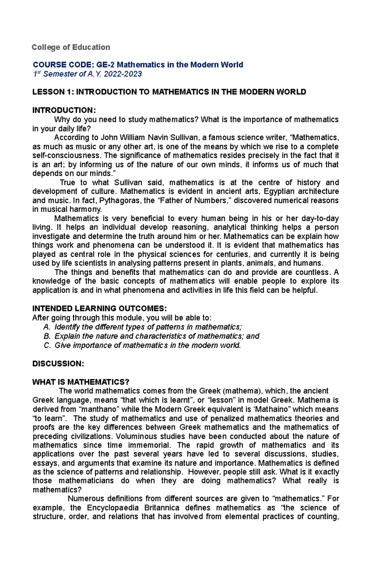 Mathematics IN THE Modern World - College of Education COURSE CODE: GE ...