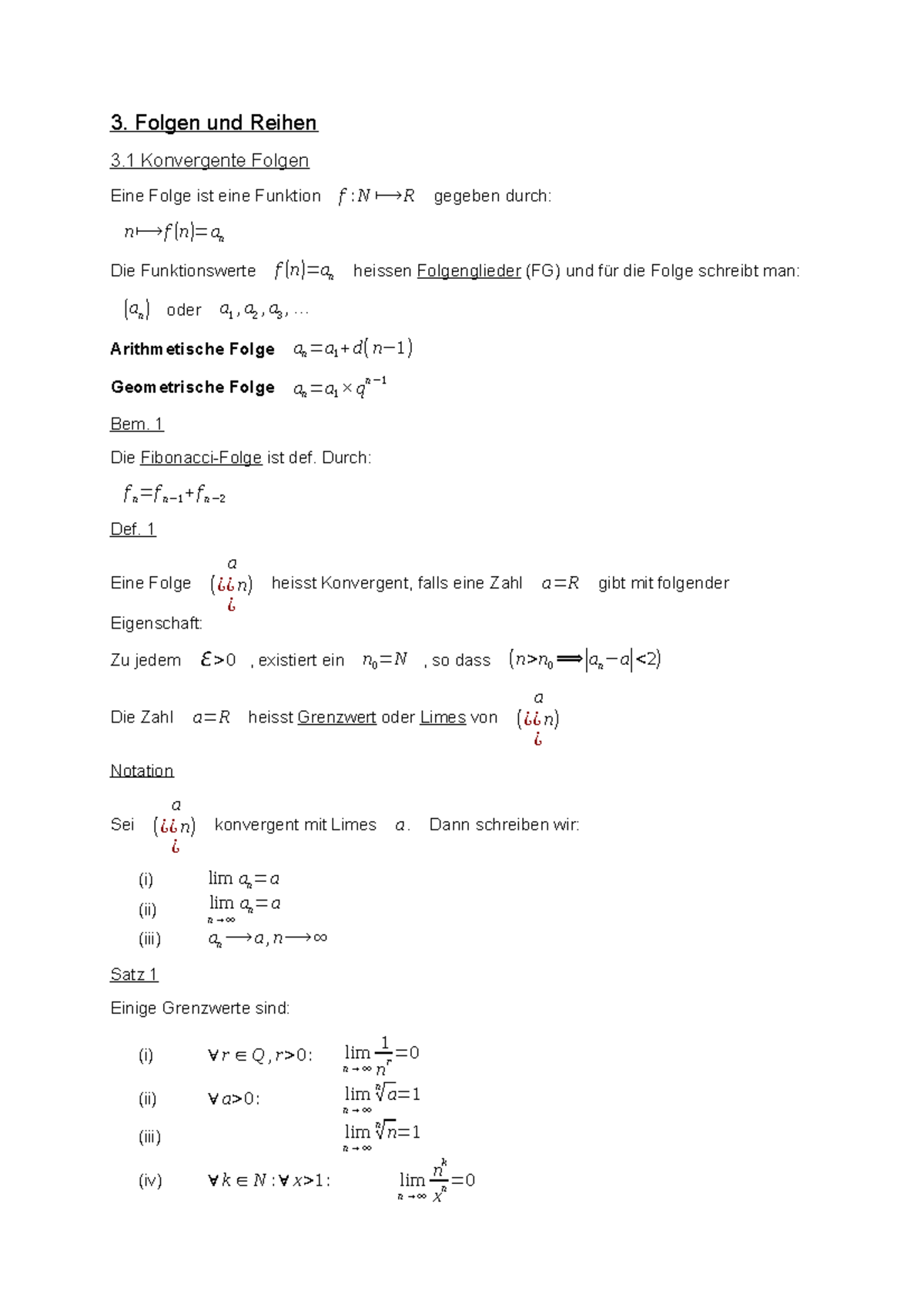 3. Folgen und Reihen - Zusammenfassung Mathematik Grundlagen I ...