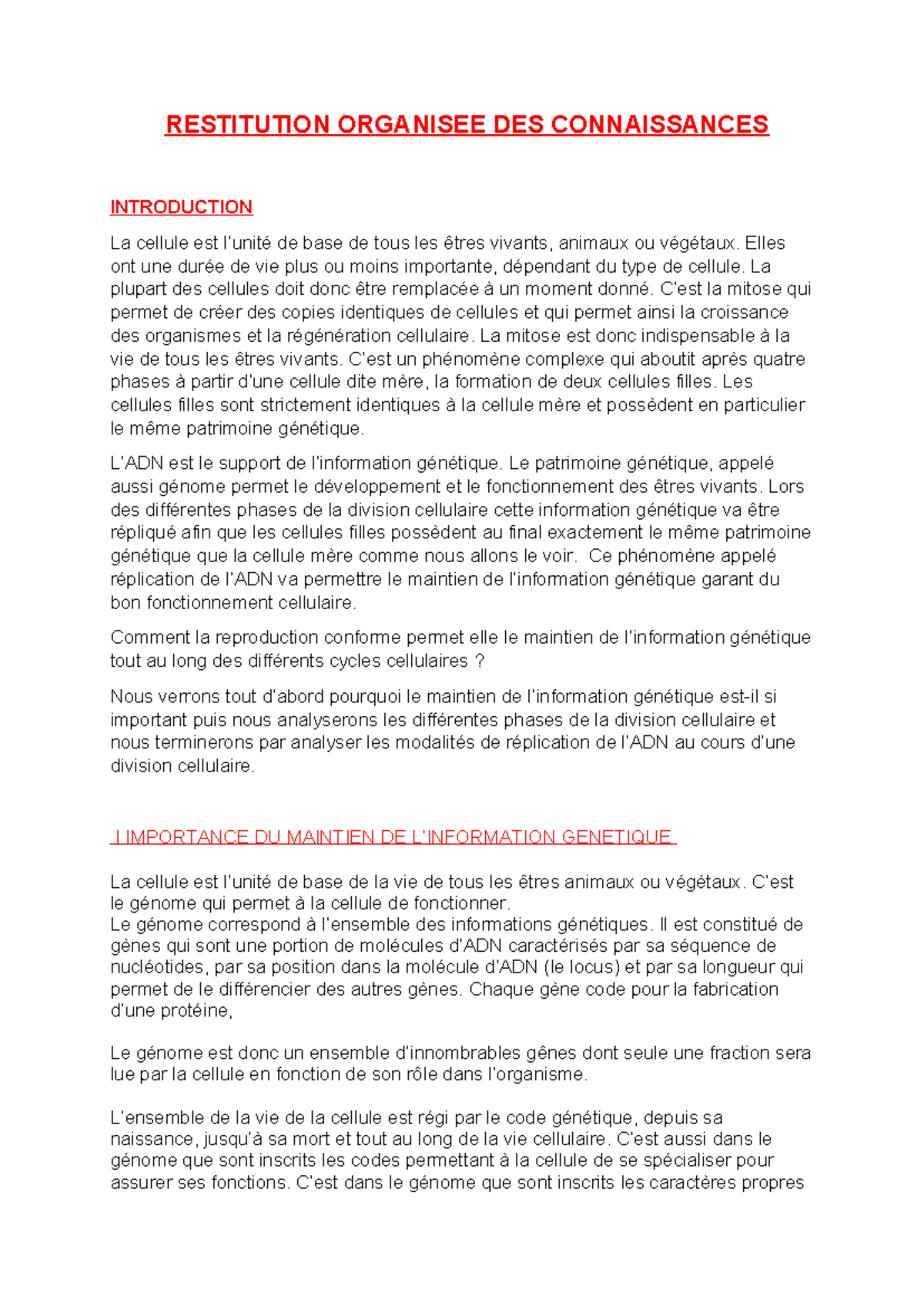 Restitution Organisee DES Connaissances SVT - RESTITUTION ORGANISEE DES ...