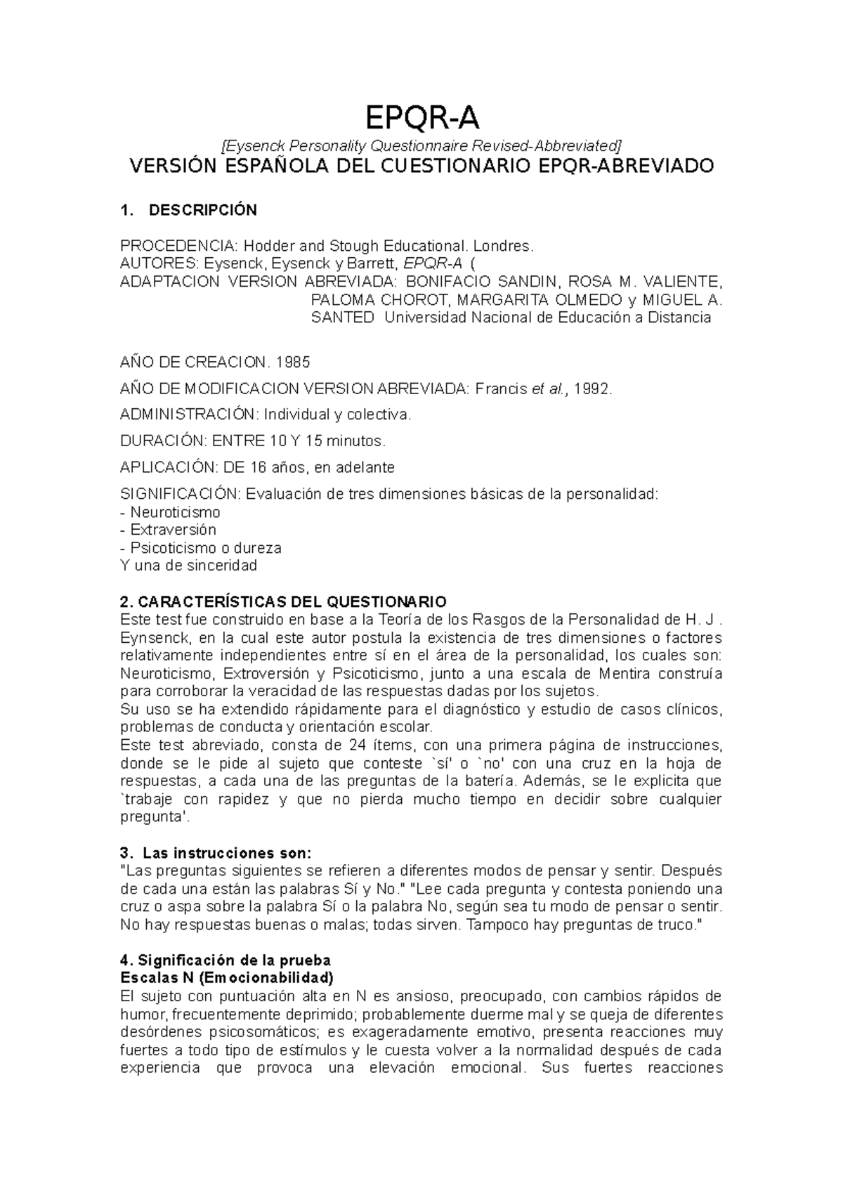 EPQR A - manual - EPQR-A [Eysenck Personality Questionnaire Revised ...