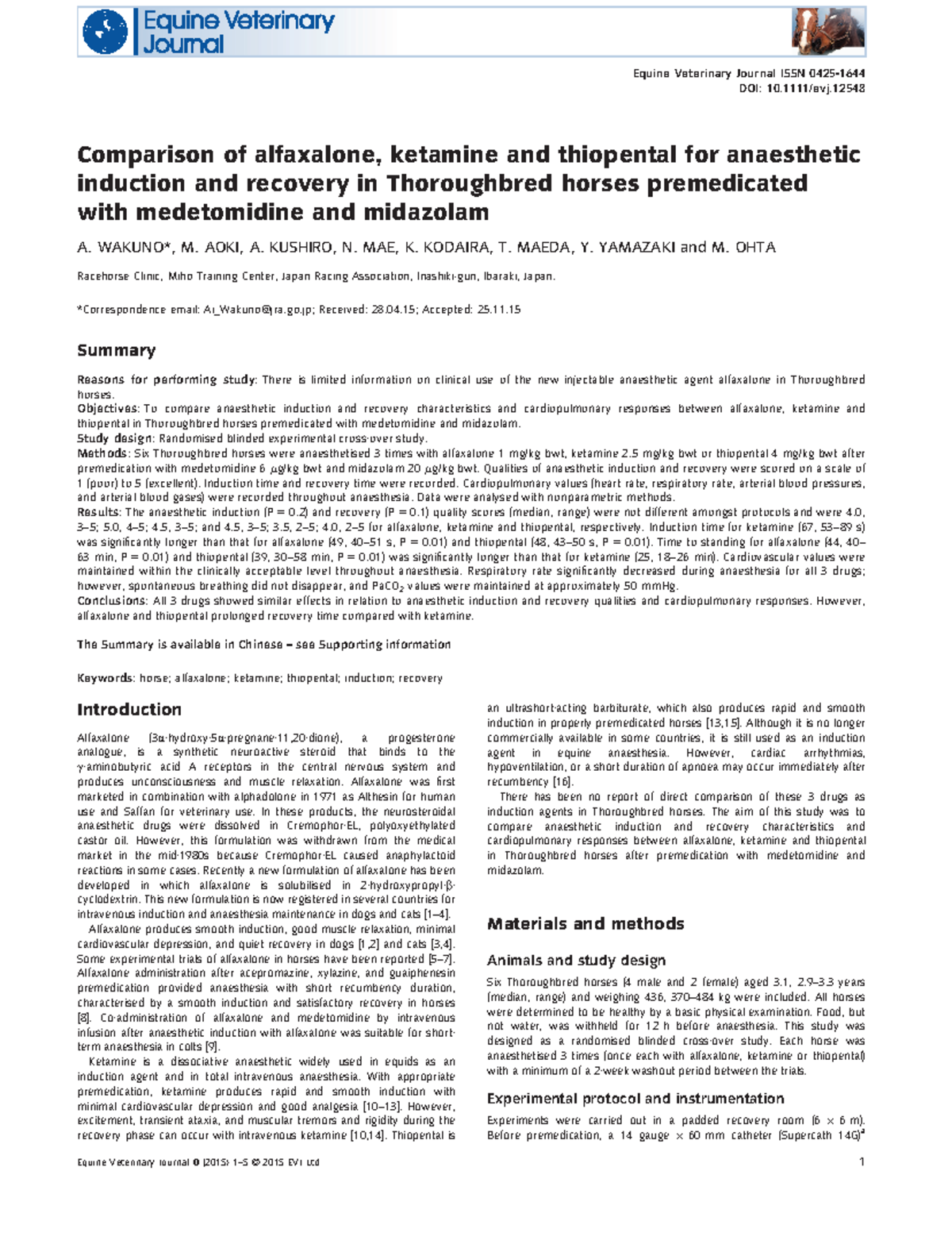 Comparison of alfaxalone, ketamine and thiopental for anesthetic ...