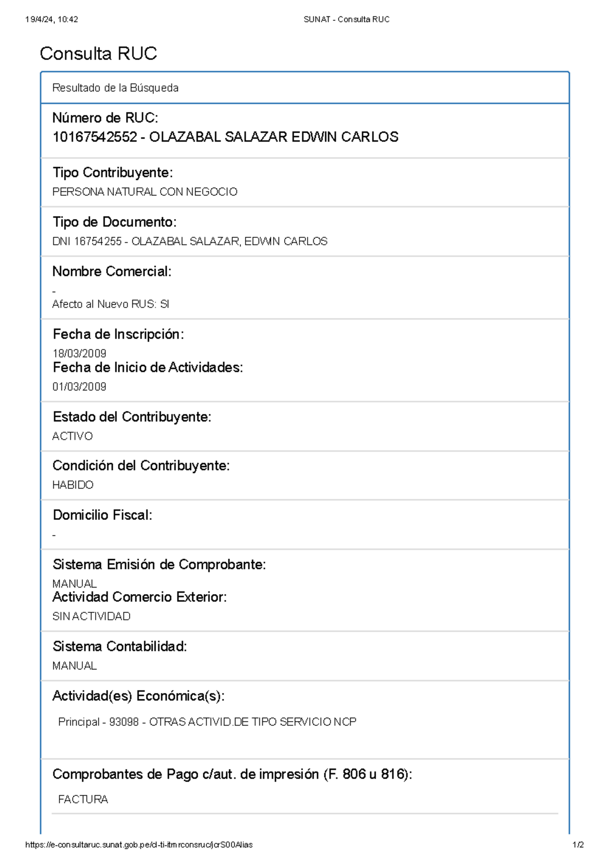 Sunat - Consulta RUC Carlos - 19/4/24, 10:42 SUNAT - Consulta RUC - Studocu