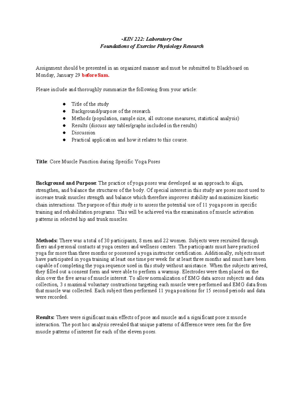 Lab Report 1 KIN 222 -KIN 222: Laboratory One Foundations of Exercise ...