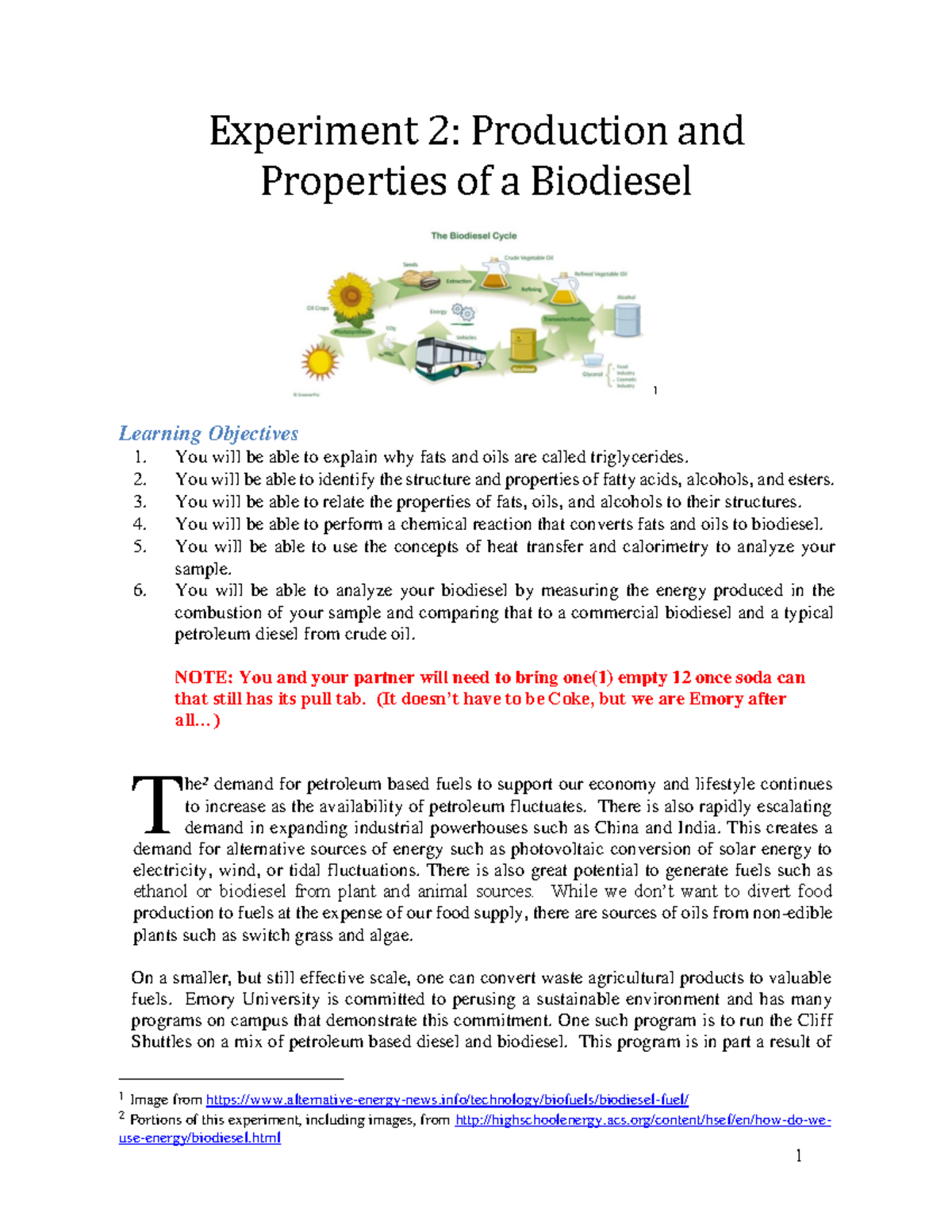 Exp 2-Biodiesel F23 - introduction - Experiment 2: Production and Properties of a Biodiesel 1 ...