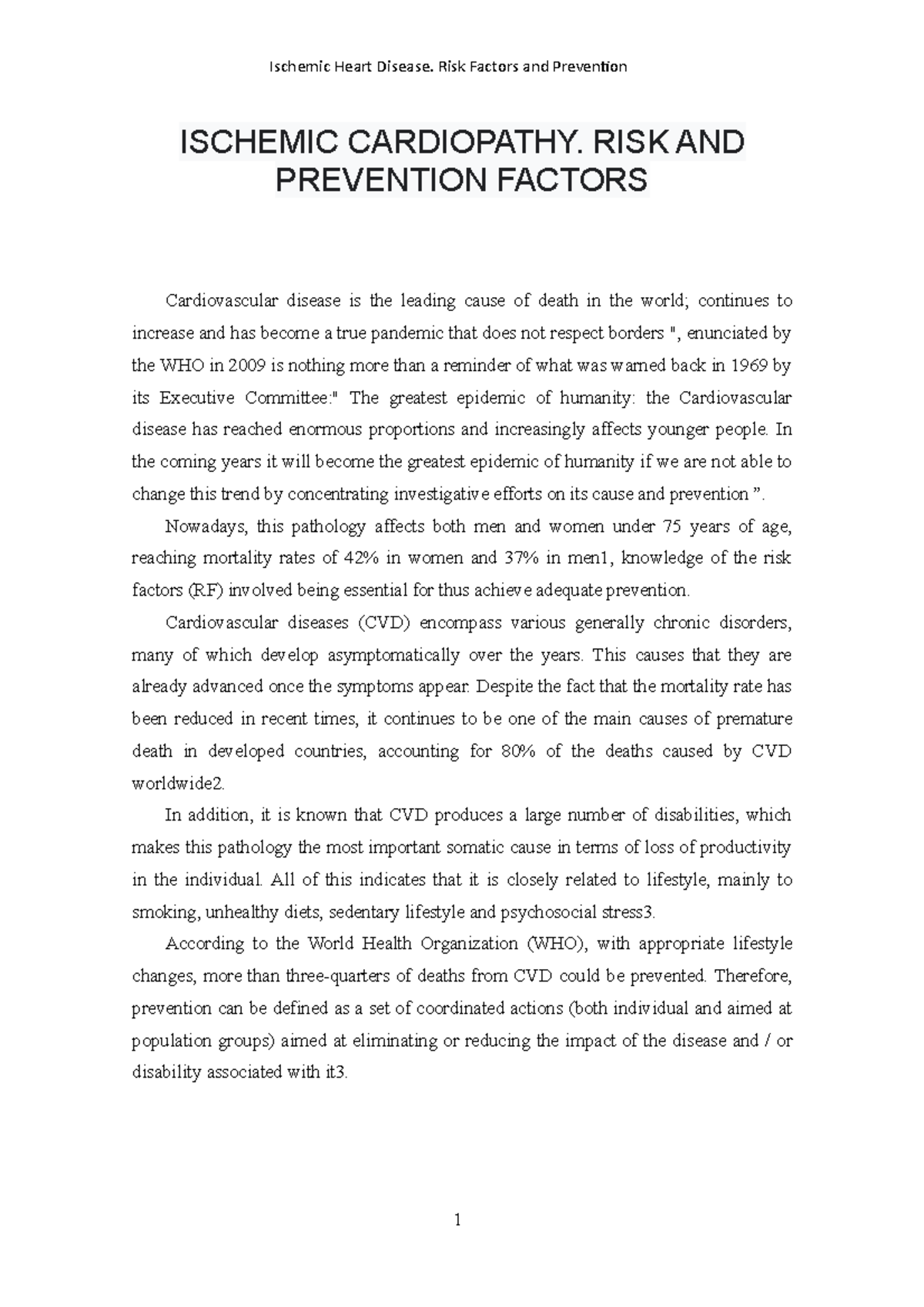 Ischemic Cardiopathy. RISK AND Prevention Factors - Ischemic Heart ...