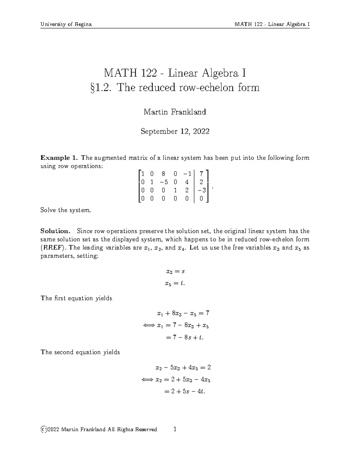 Math122 1-2 RREF - Explanation on reduced row echolon form - University of Regina MATH 122 ...