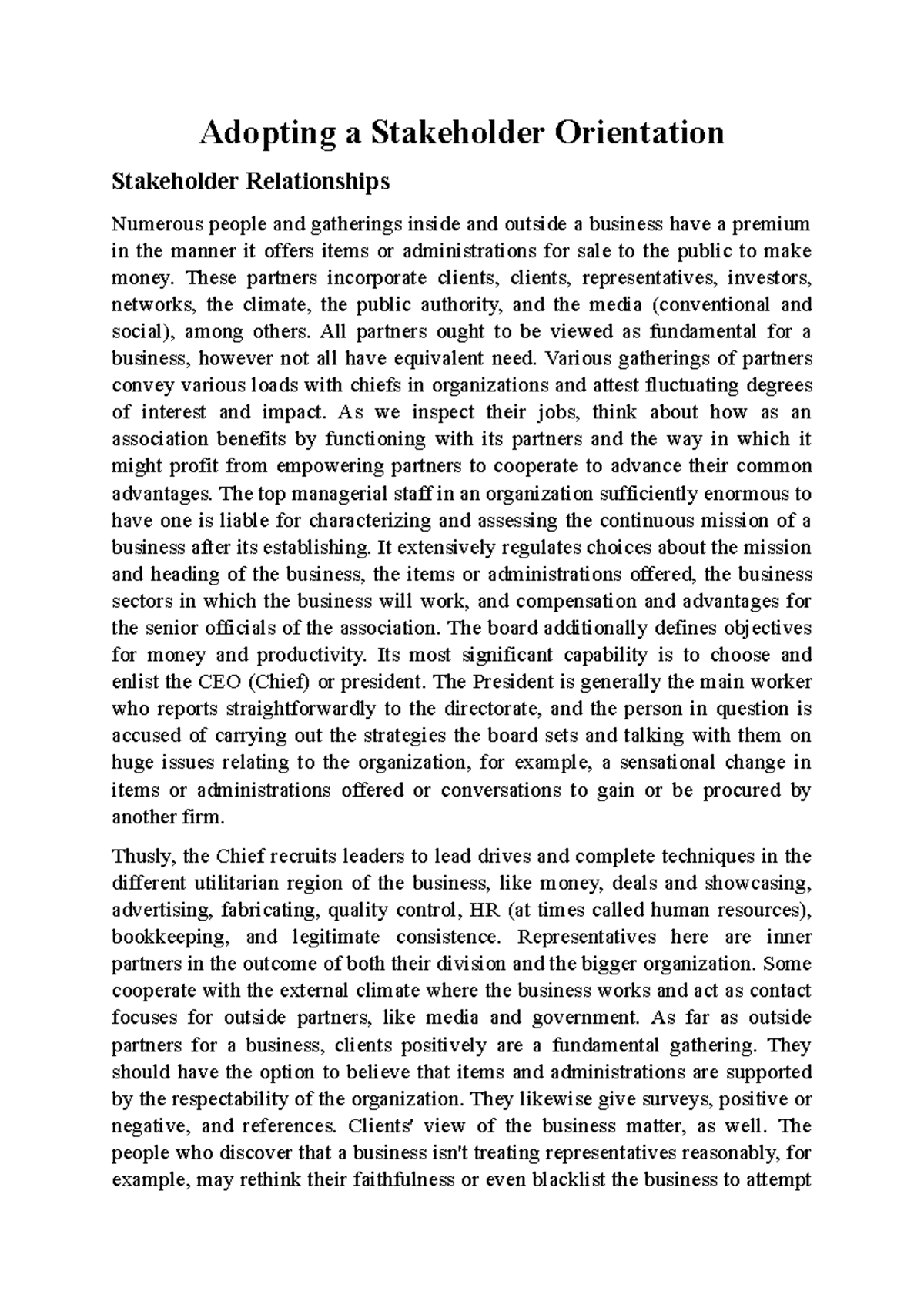 Adopting a Stakeholder Orientation - Adopting a Stakeholder Orientation ...