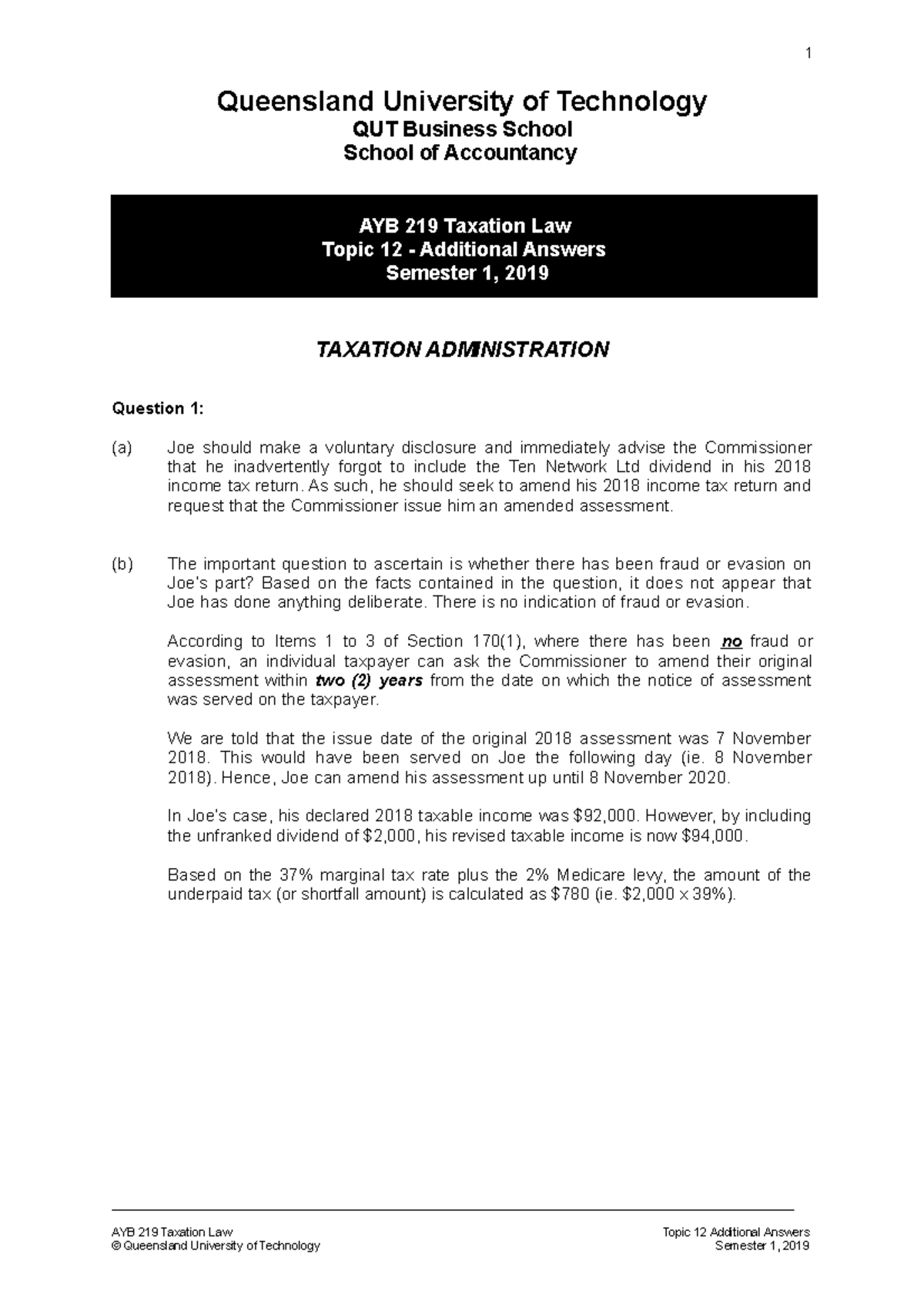 Topic 12 Answers - 1 Queensland University of Technology QUT Business ...