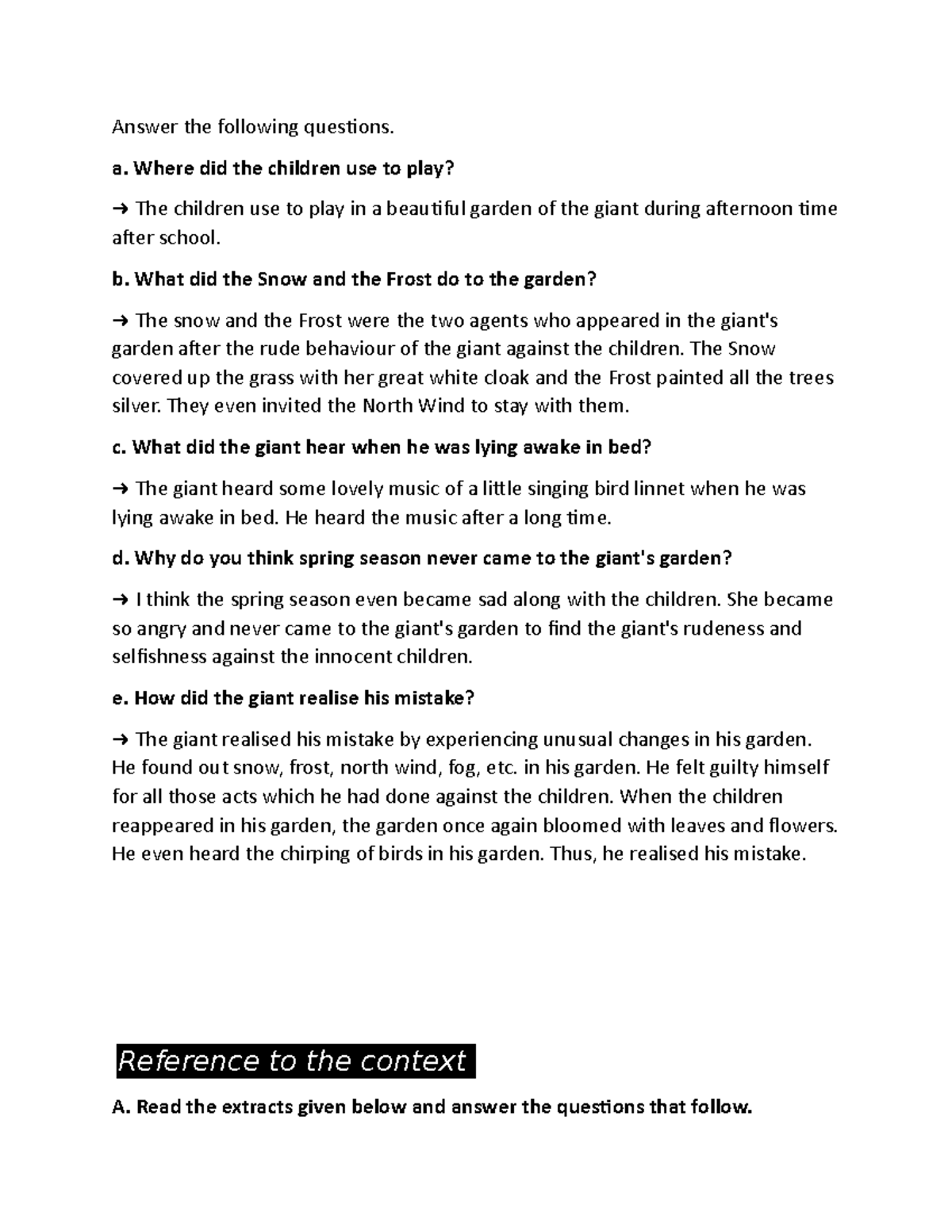 The Selfish Giant - Answer the following questions. a. Where did the ...