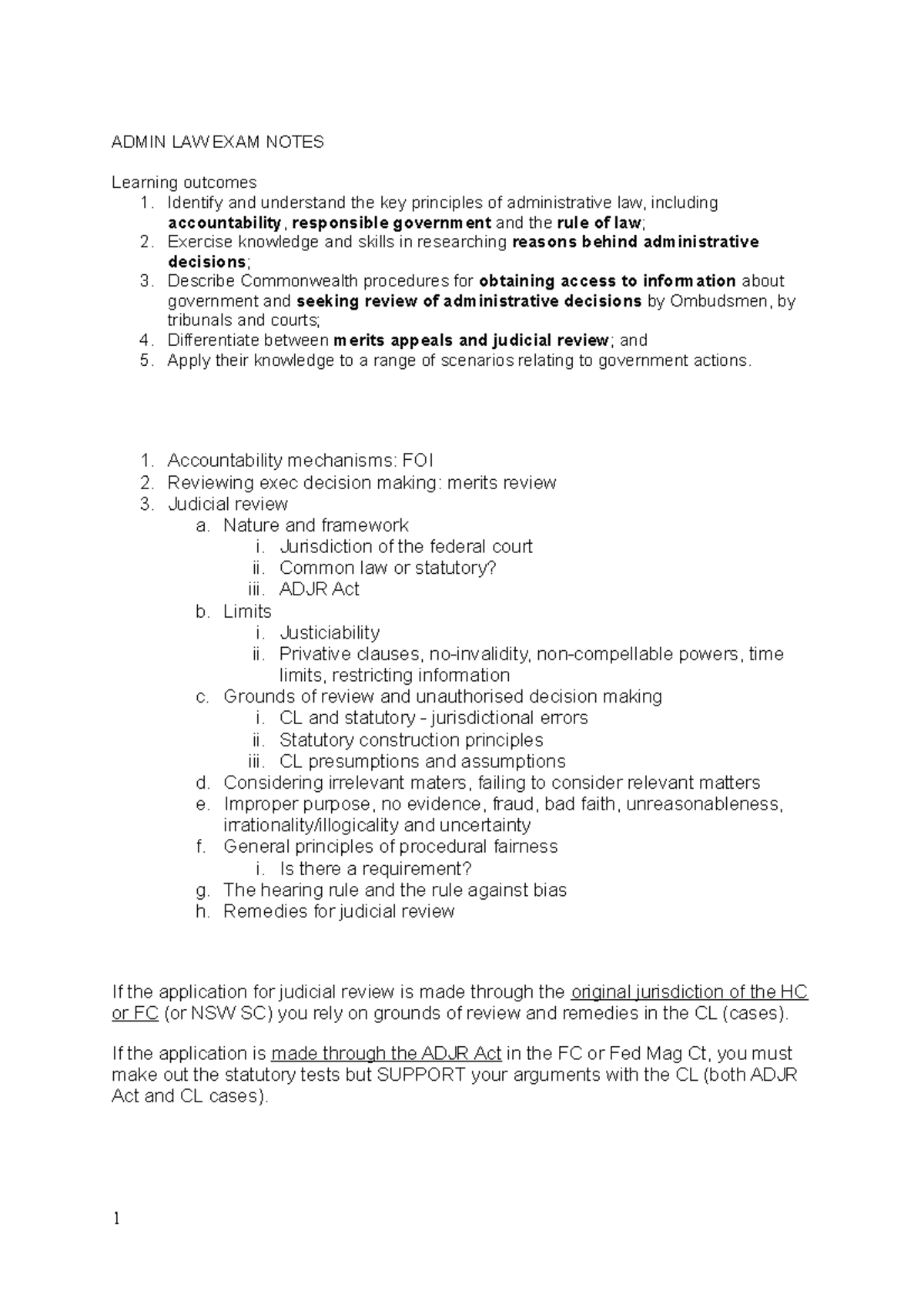 Admin law exam Notes - ADMIN LAW EXAM NOTES Learning outcomes 1 ...