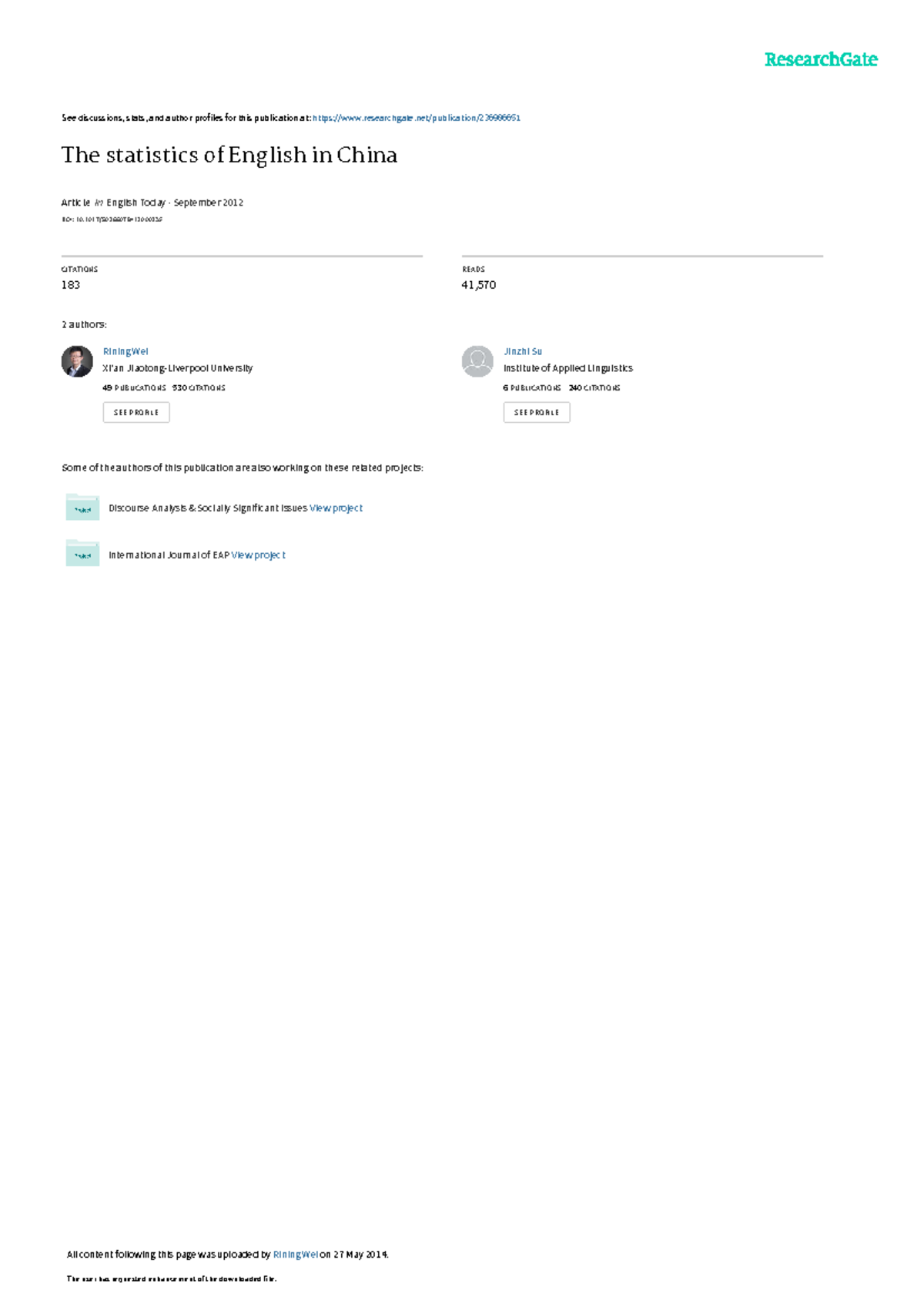 Wei Su 2012 with Editorialof English Today - See discussions, stats ...