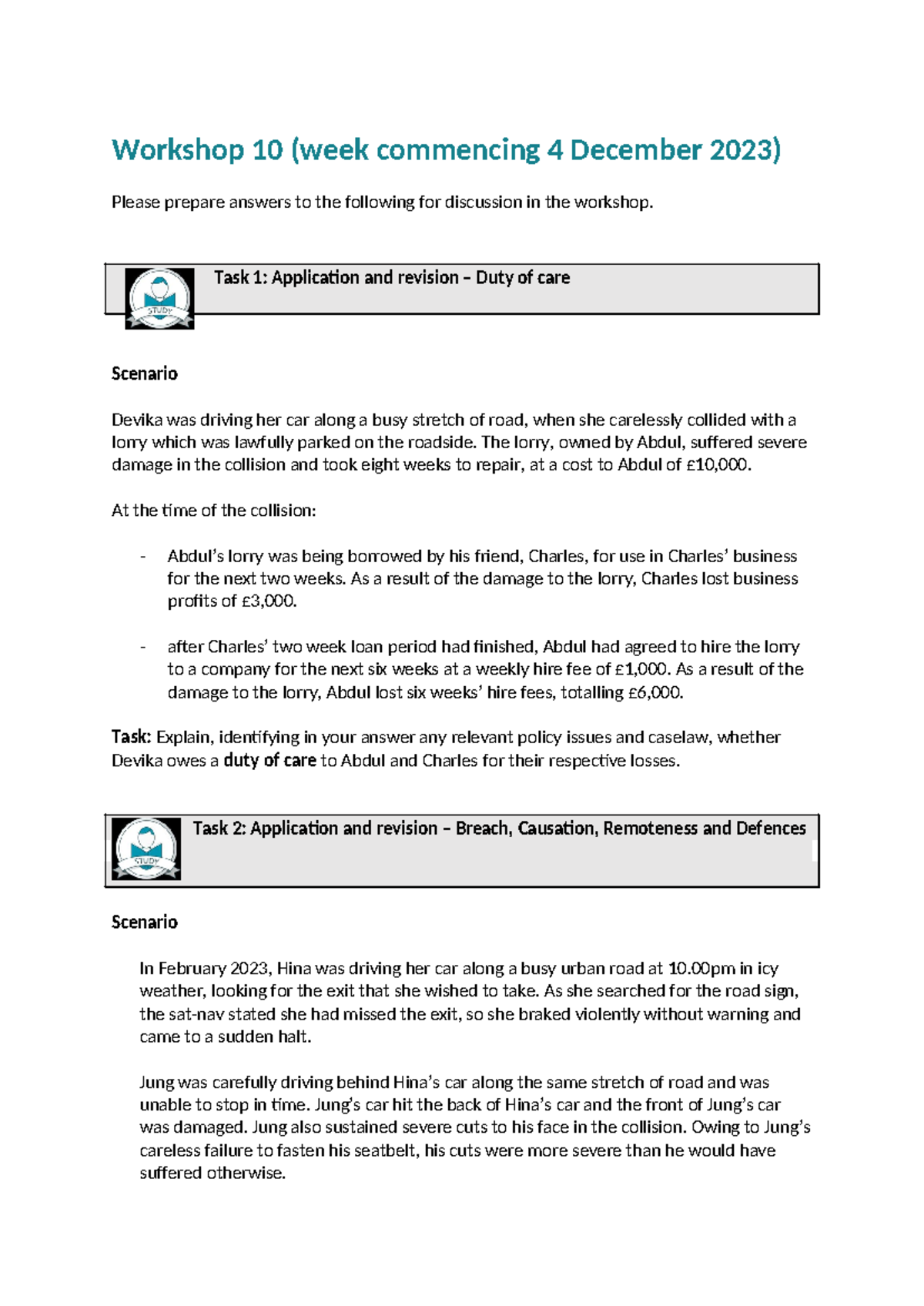24Torts Workshop 10 Revision - Workshop 10 (week commencing 4 December ...