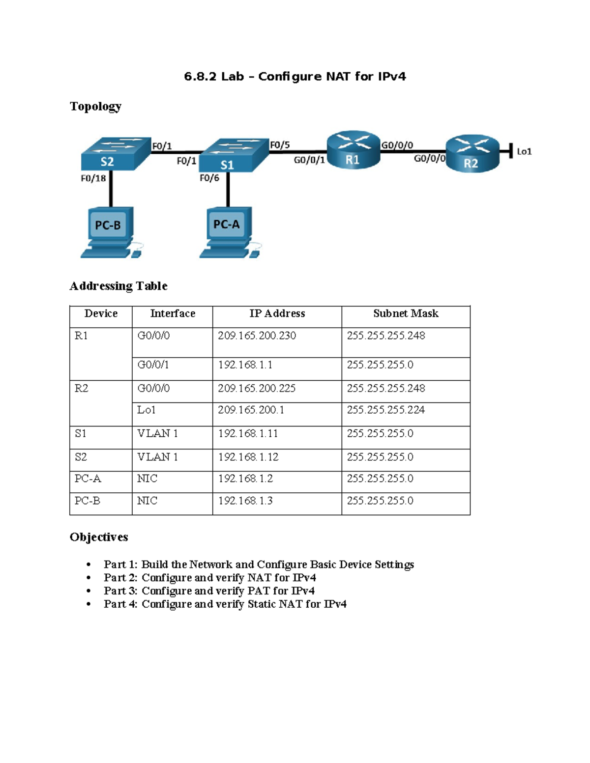6.8.2 Lab – Configure NAT for IPv4 1 - 6.8 Lab – Configure NAT for IPv Topology Addressing Table ...