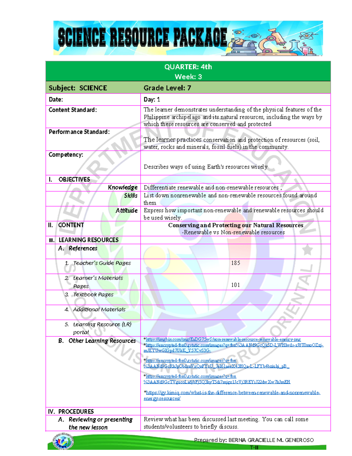 DLP SCI 7 4QTR W3 D1 - None - Prepared by: BERNA GRACIELLE M. GENEROSO ...
