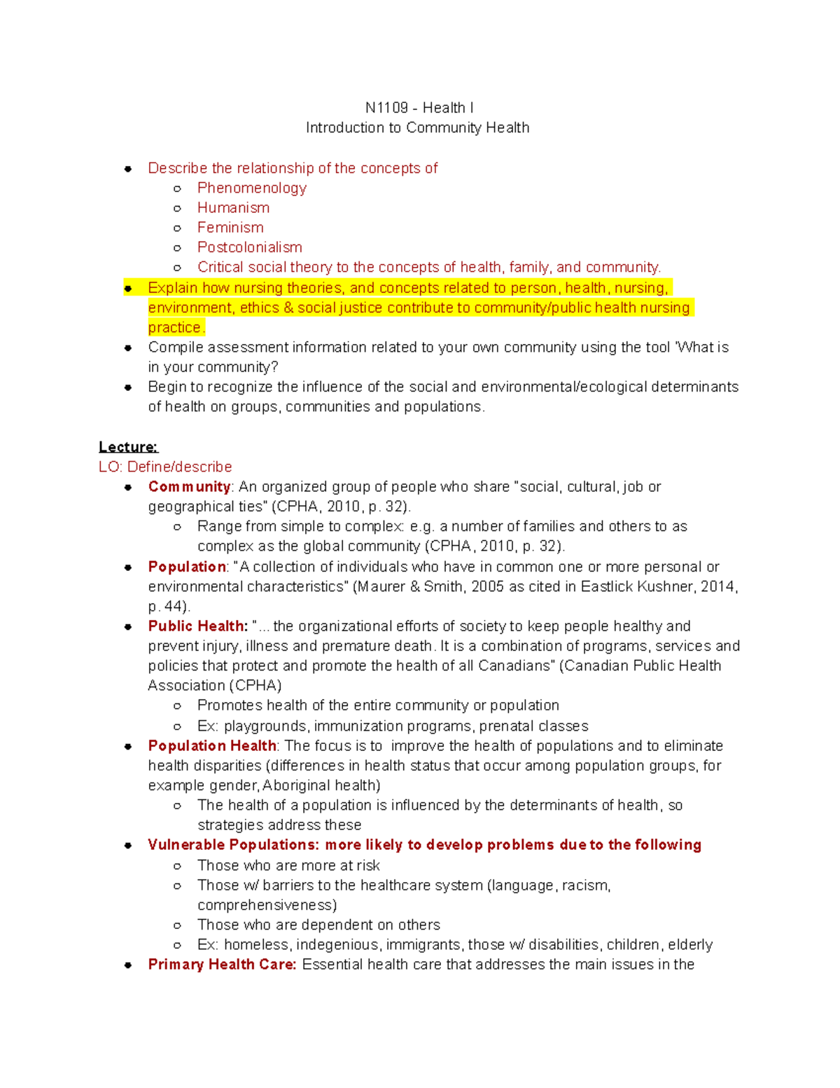 N1109 - Community Health Intro - N1109 - Health I Introduction to ...