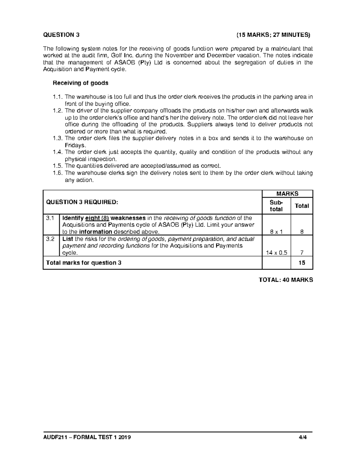 AUDF 211 2019 FT 1 Question 3 - AUDF211 – FORMAL TEST 1 2019 4 ...
