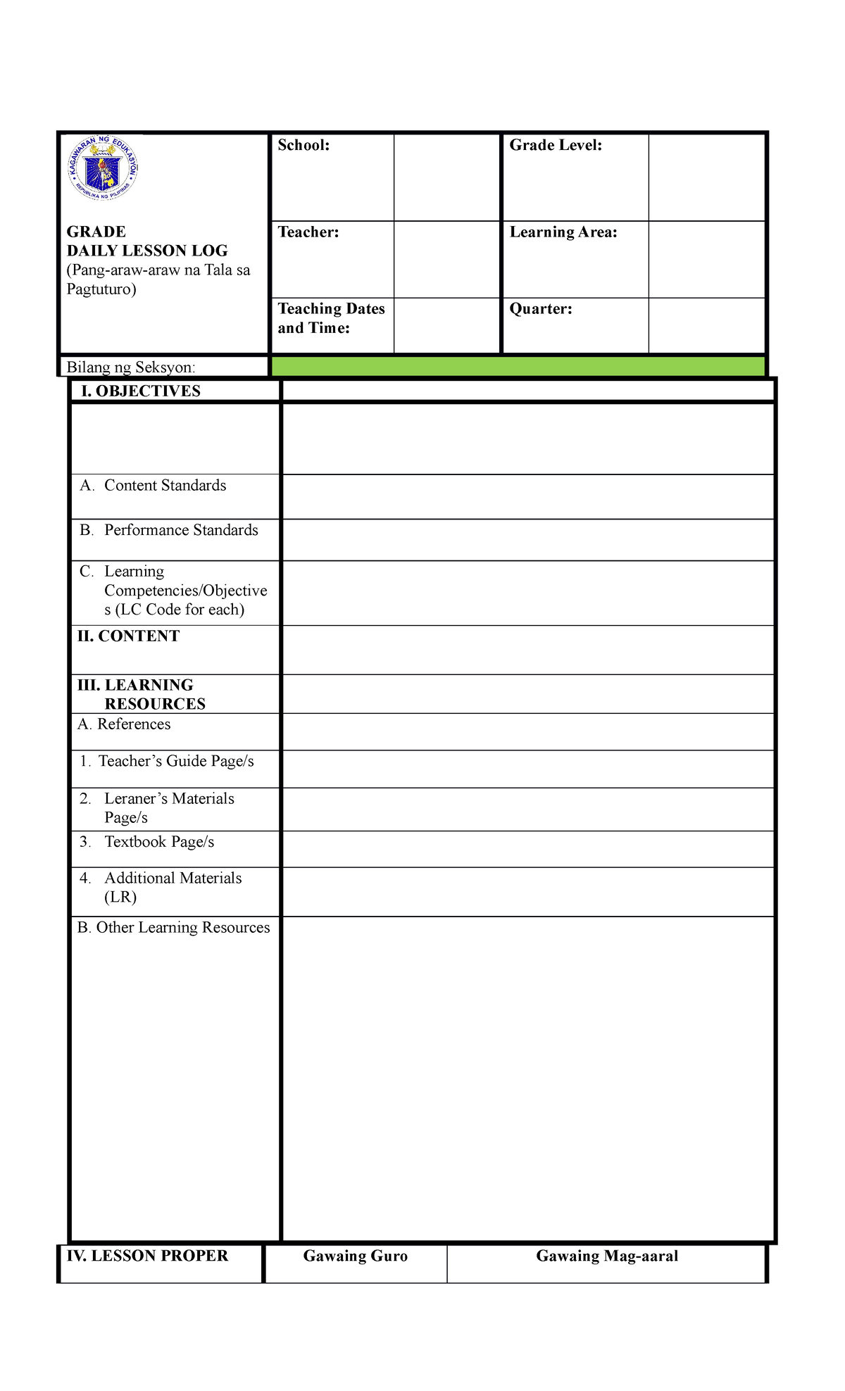CTE Format Detailed DLL - School: Grade Level: GRADE DAILY LESSON LOG ...