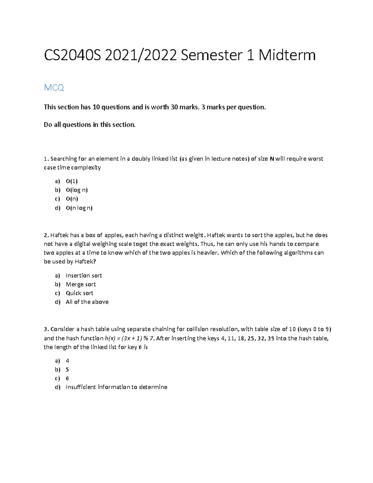 CS2040 2122 PYP - CS2040S 2021/2022 Semester 1 Midterm MCQ This section ...