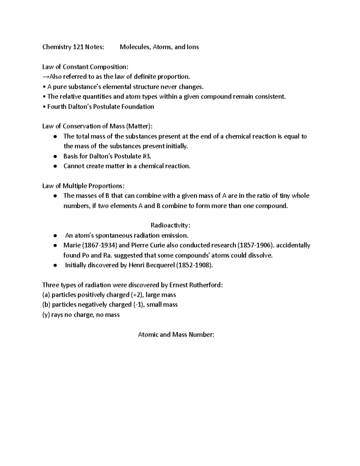 Chemistry 121 Molecules, Atoms and Ions - Chemistry 121 Notes ...