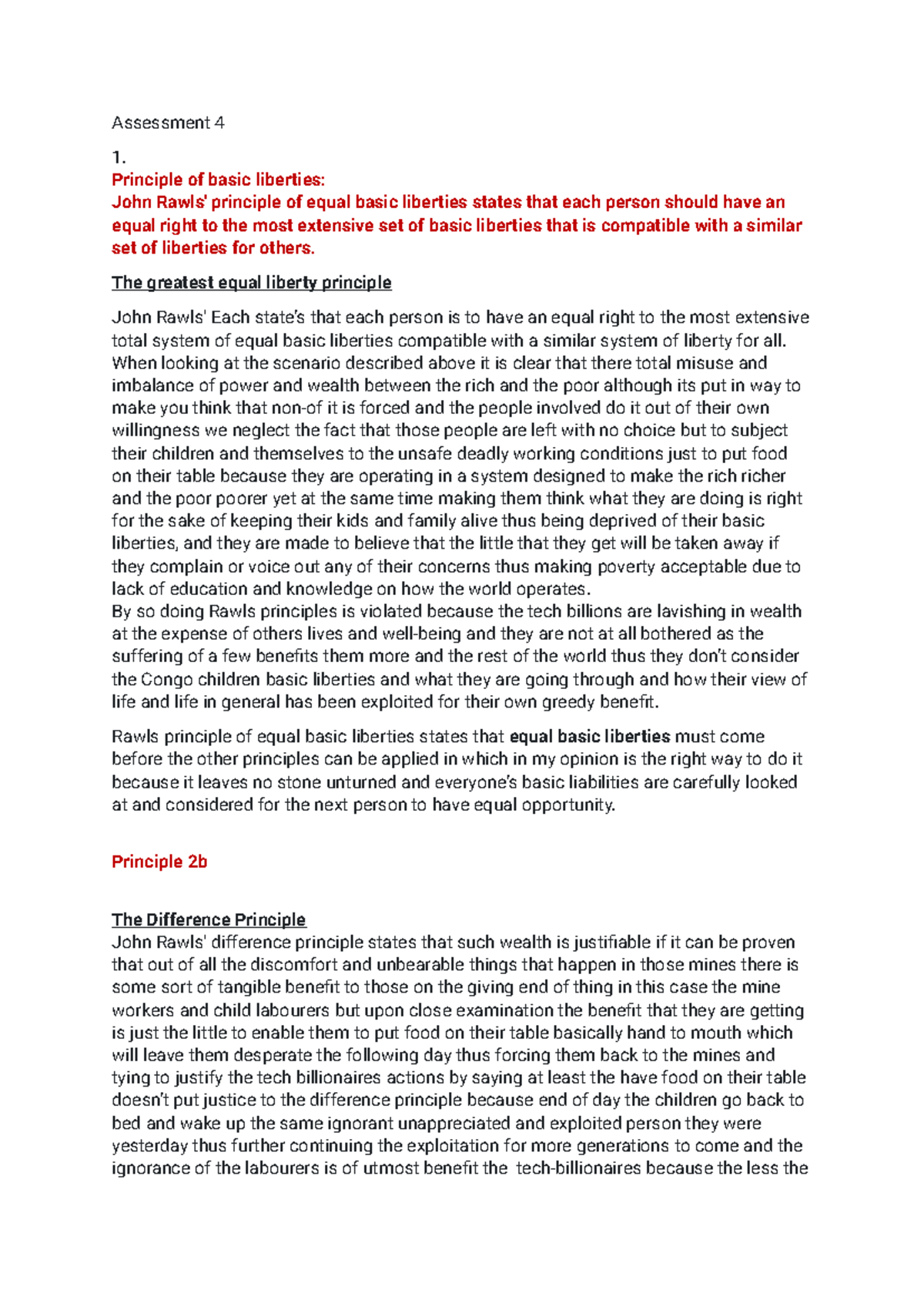 Sus assignment 4 - Assessment 4 1. Principle of basic liberties: John Rawls' principle of equal ...