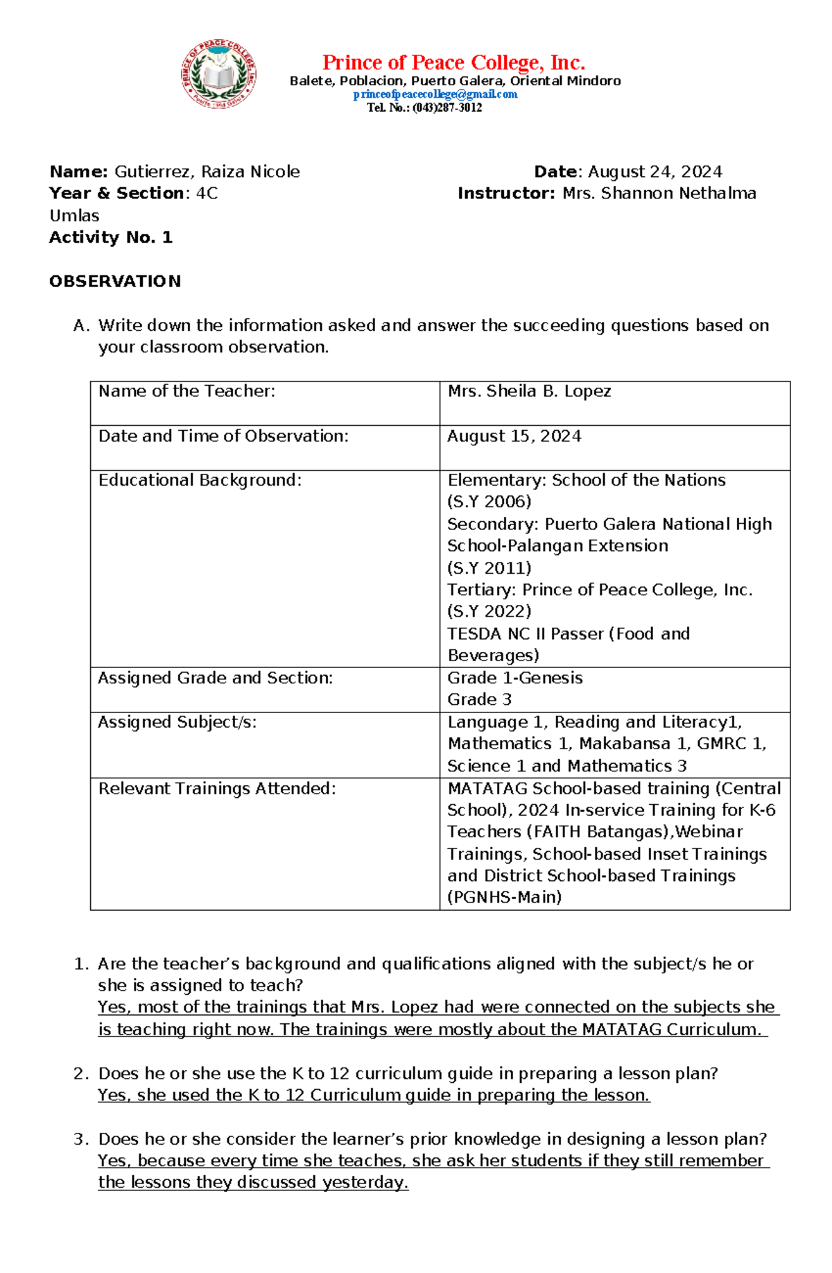 Learning episode Pedagogical content knowledge observation - Prince of ...