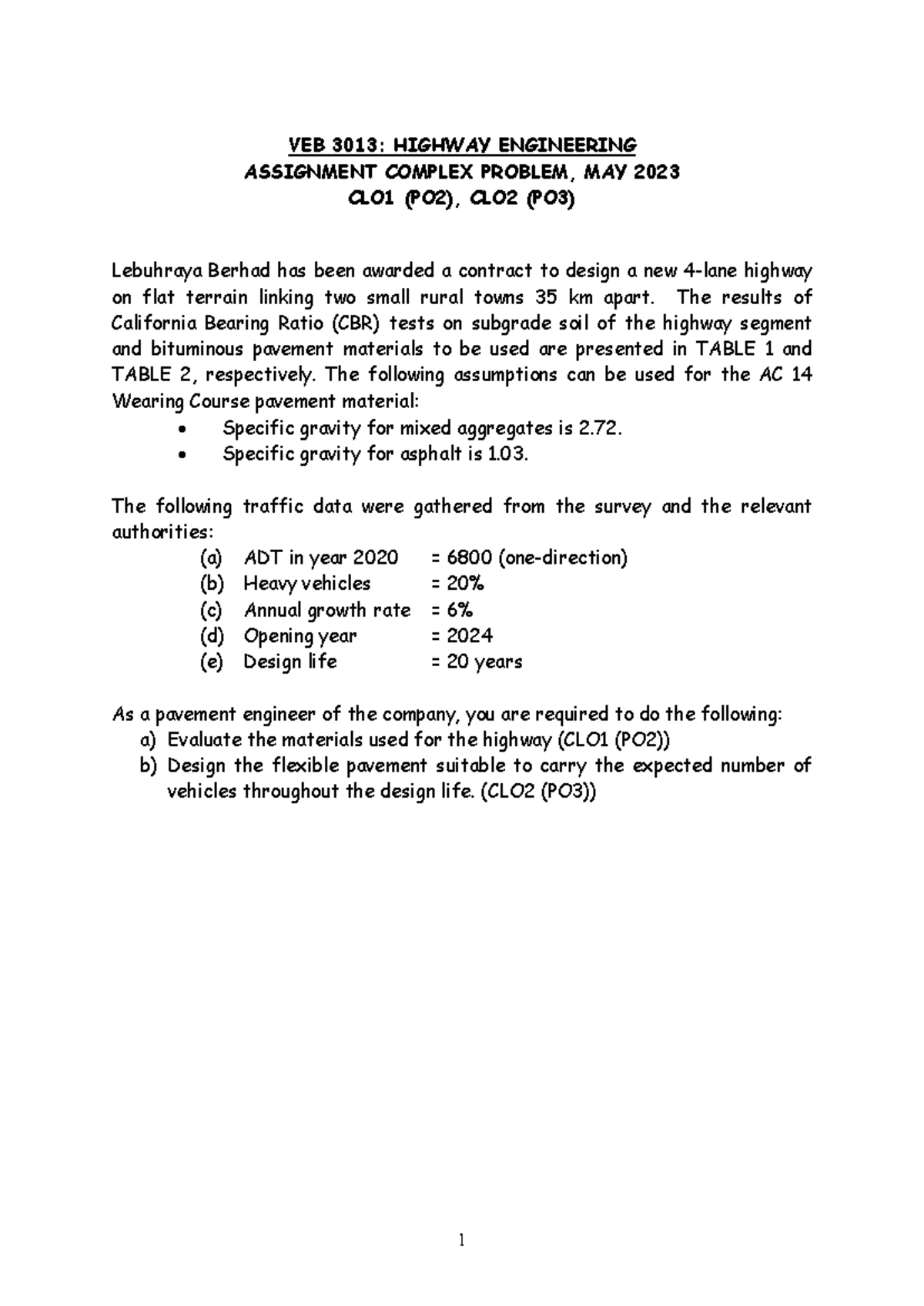 Complex Problem - 1 VEB 3013: HIGHWAY ENGINEERING ASSIGNMENT COMPLEX ...