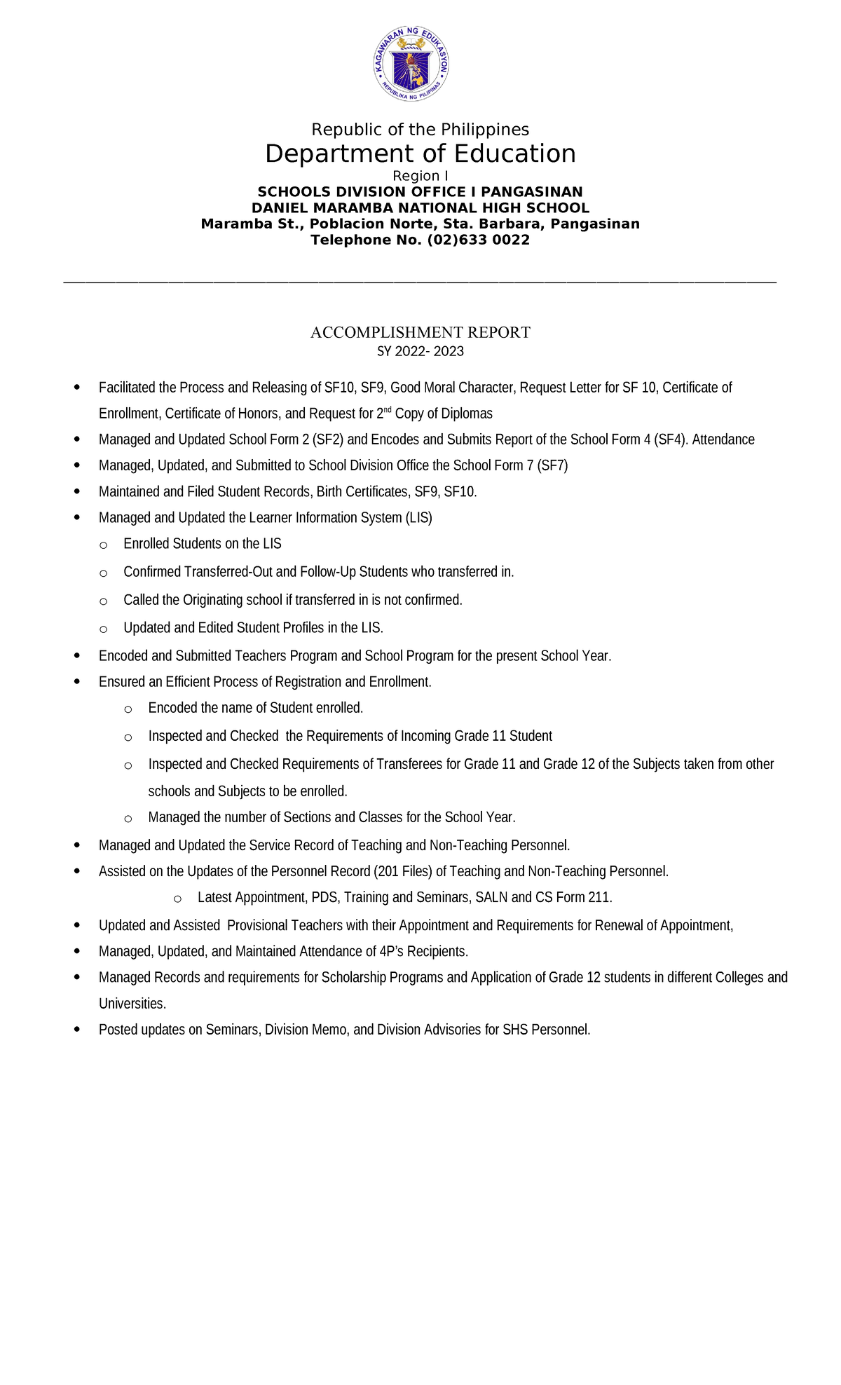 Personal-Accomplishment-Report - Republic of the Philippines Department ...