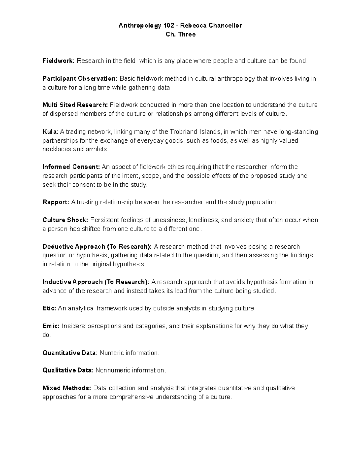CH 3 Notes - Anthropology 102 - Rebecca Chancellor Ch. Three Fieldwork ...