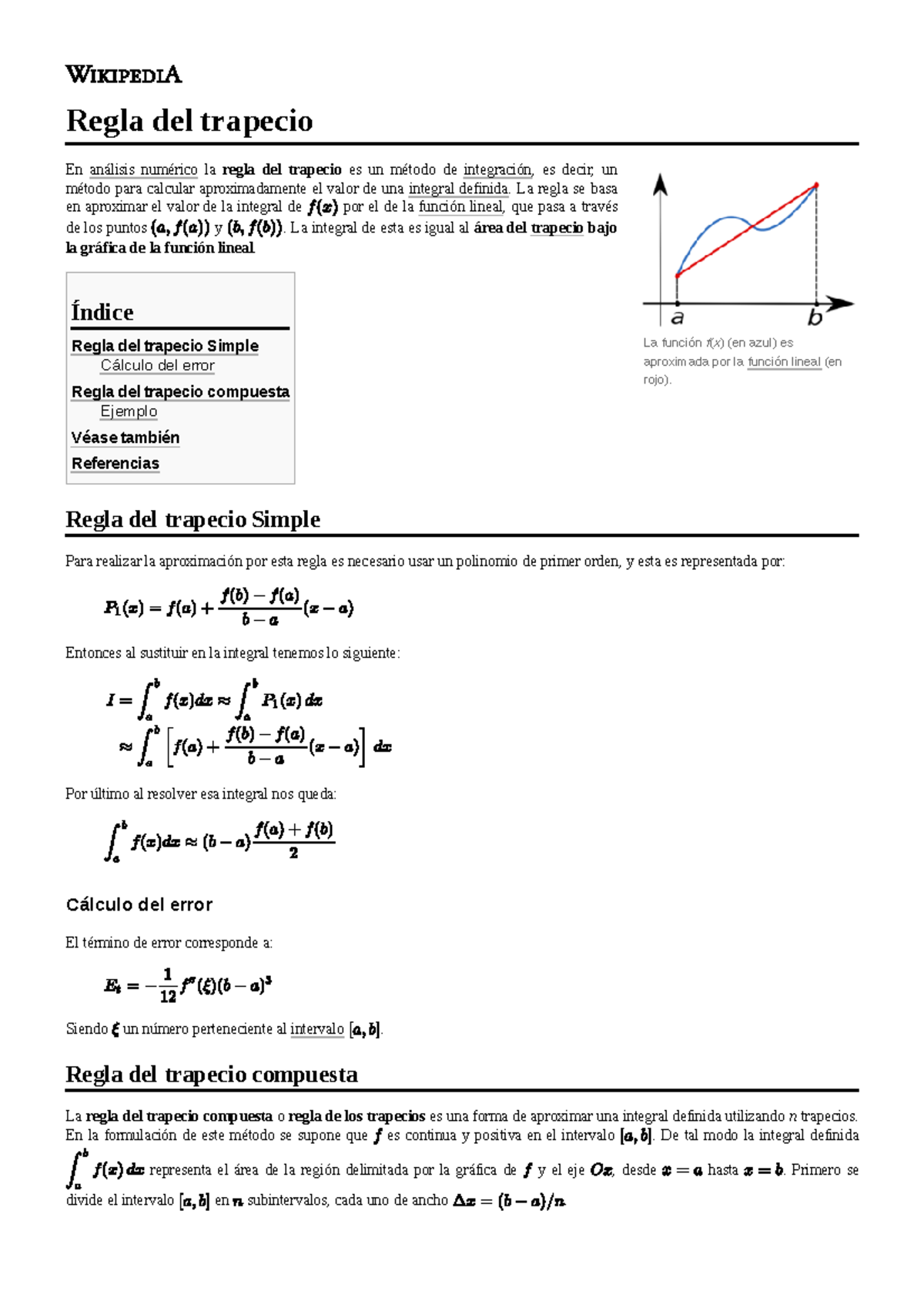 Regla del trapecio - La función f(x) (en azul) es aproximada por la ...