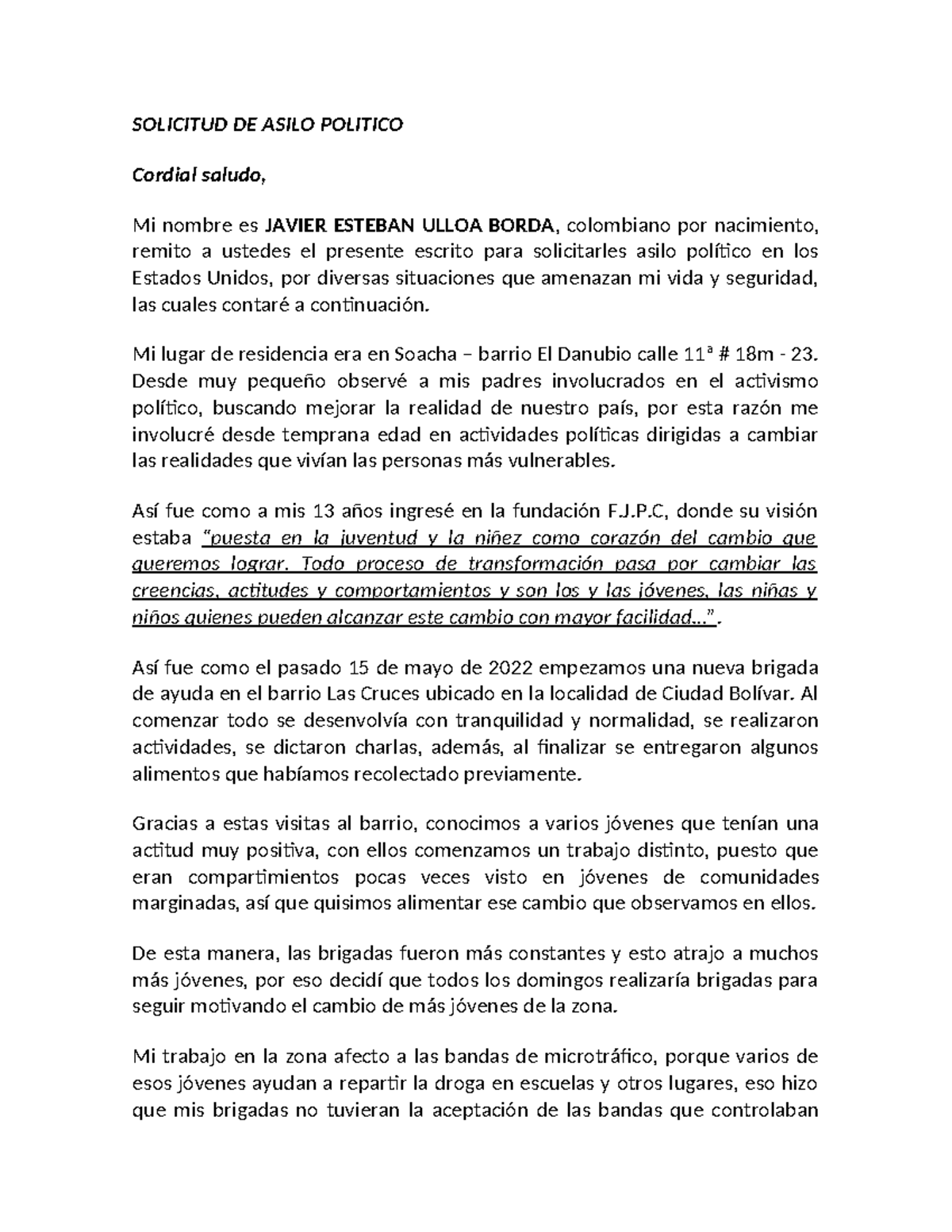 Solicitud DE Asilo Politico - Javier Esteban Ulloa Borda - SOLICITUD DE ...