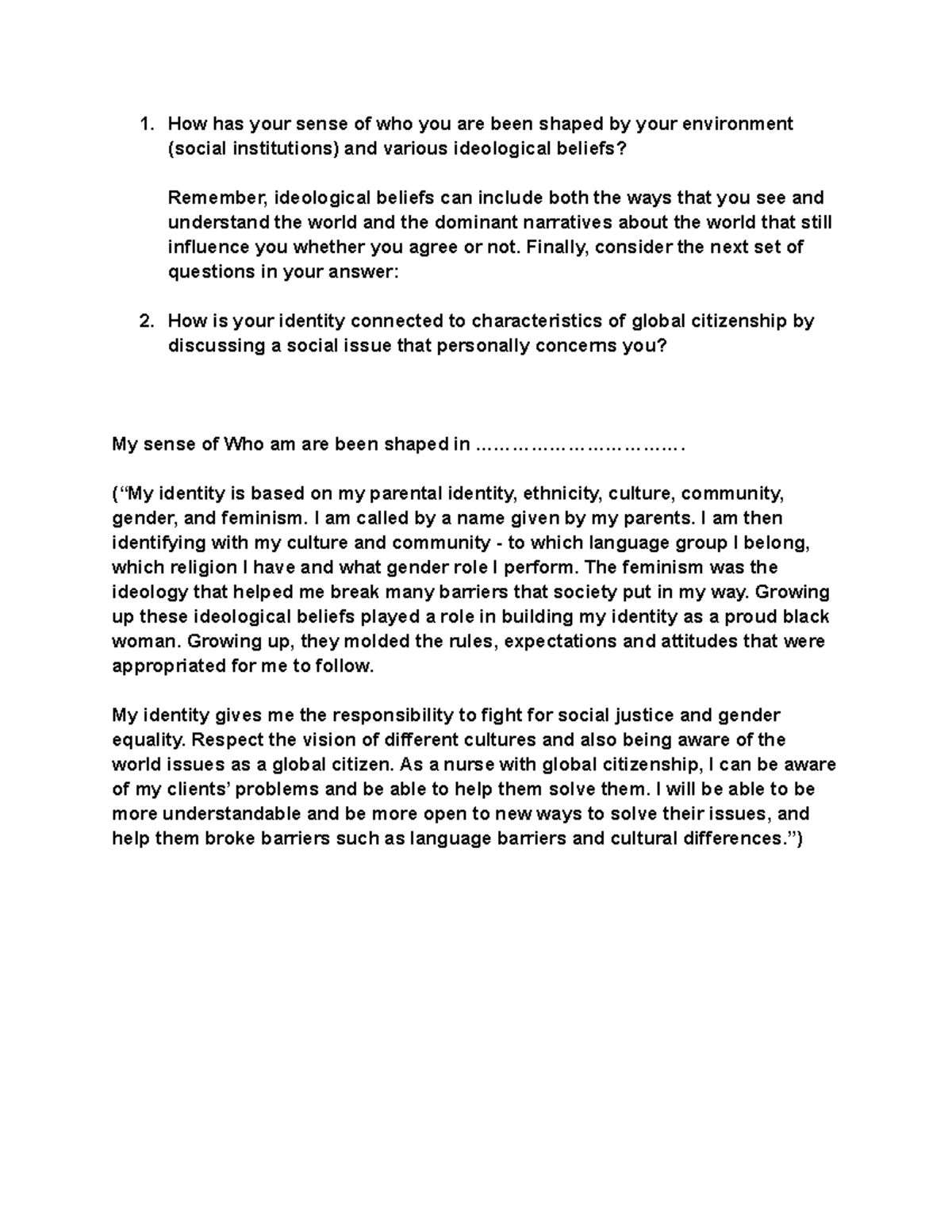 Reflective Assignment 1 - How has your sense of who you are been shaped ...