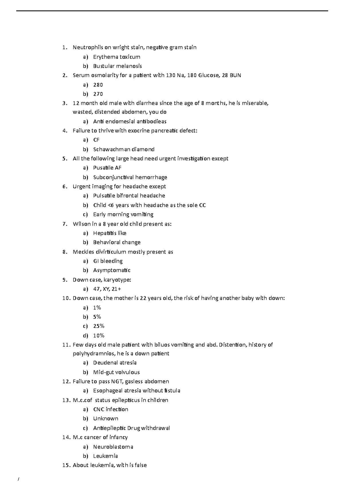 Pediatric Medical Quiz - Studocu