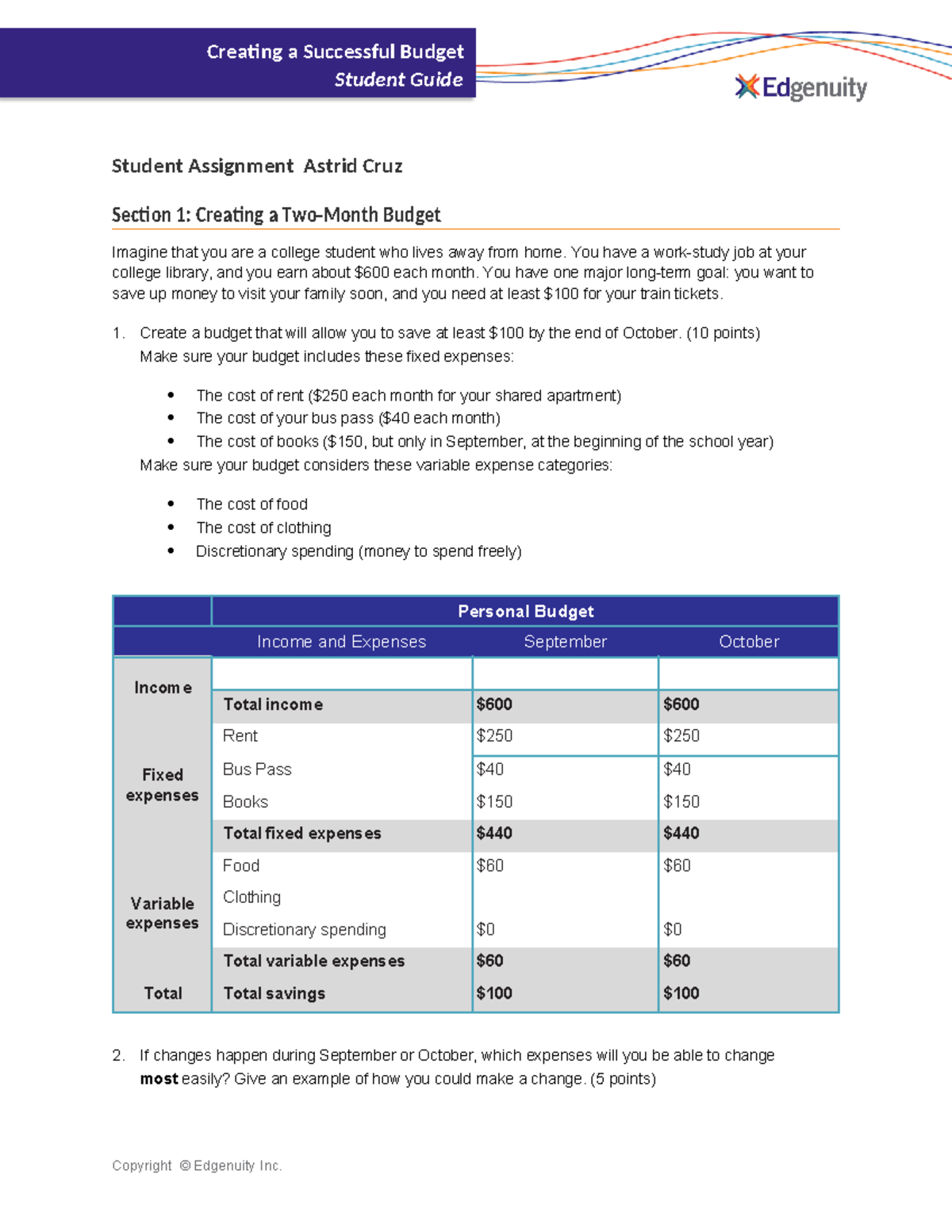 Astrid Cruz Budget project - Creating a Successful Budget Student Guide ...