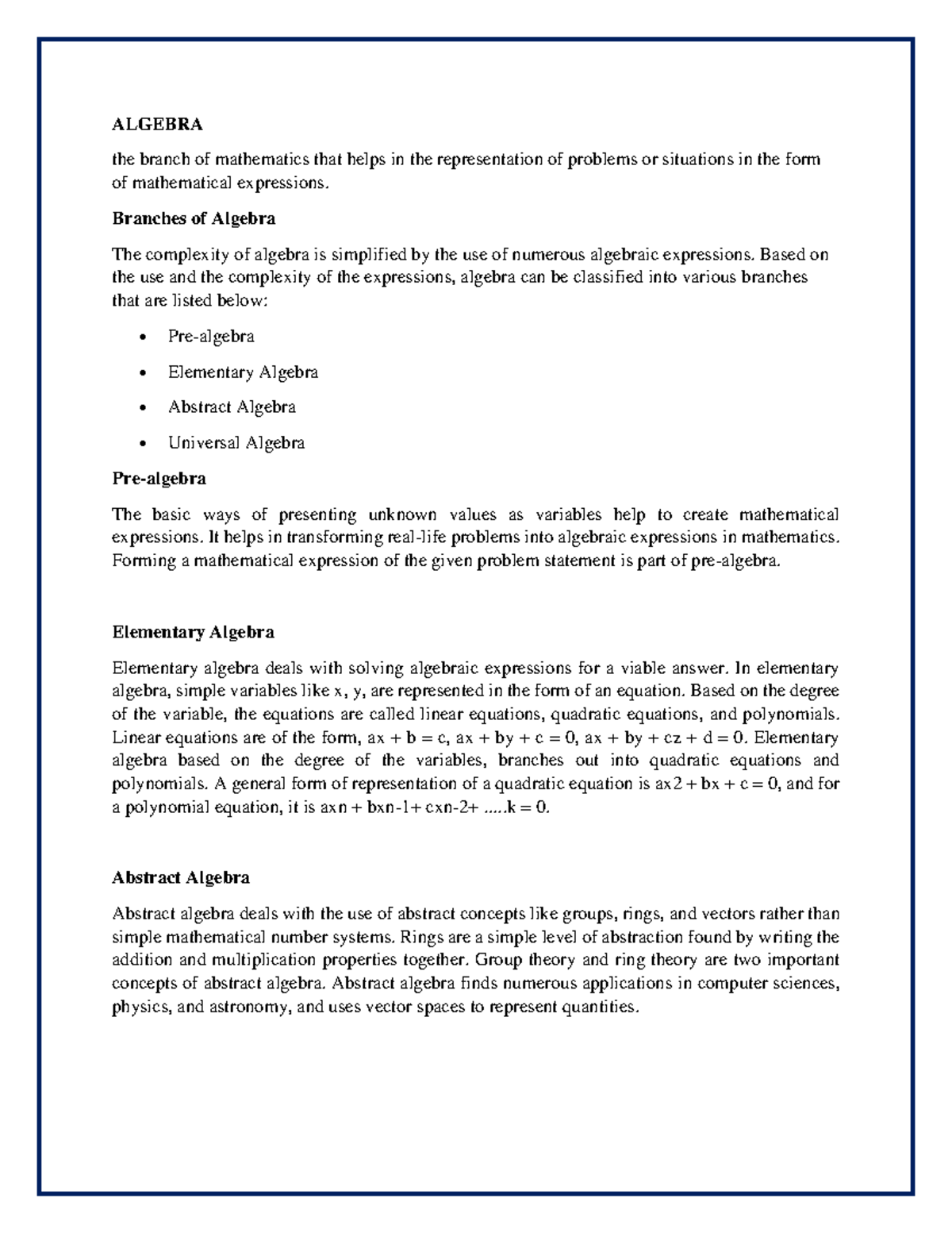 B10 THE MEANING OF ALGEBRA AND ITS BRANCHES AND DEFINITION ALGEBRA