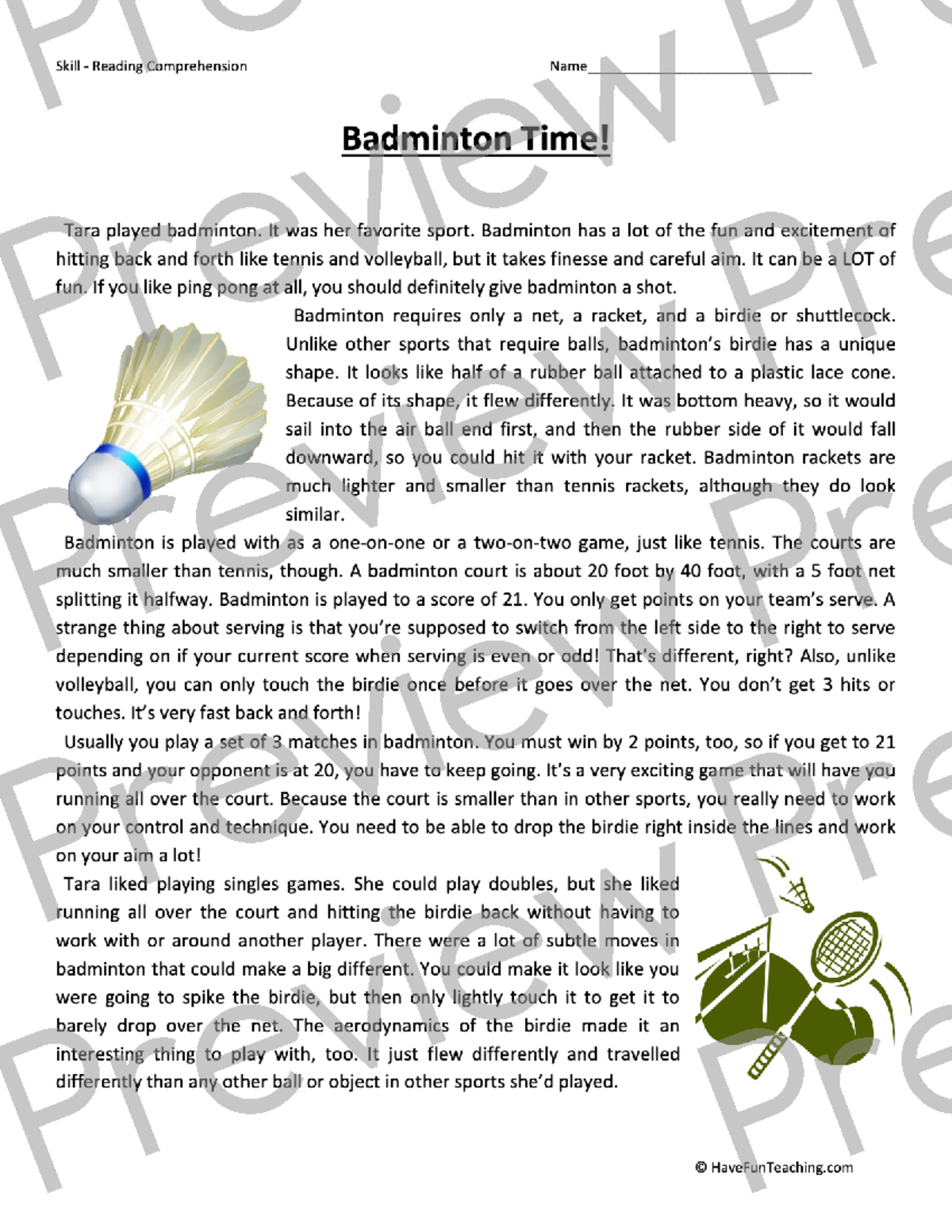 Badminton time fifth grade reading comprehension worksheet preview ...
