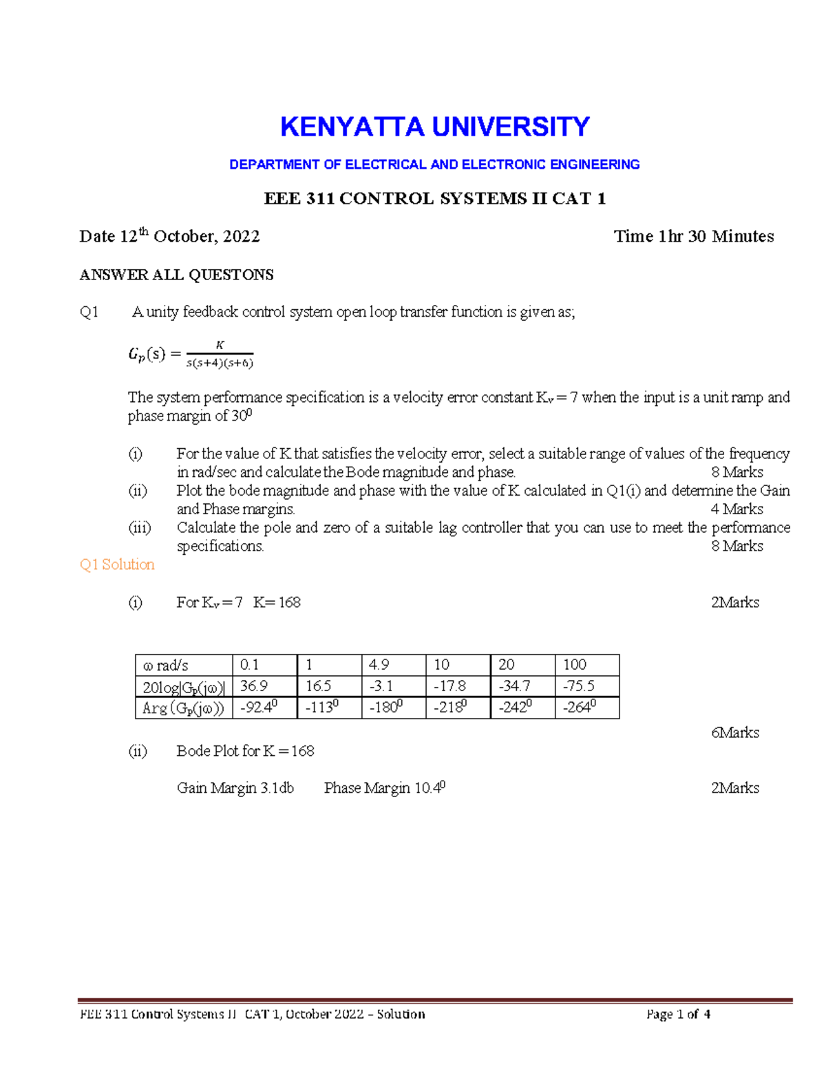 EEE 311 CAT 1 October 2022 with Solution - KENYATTA UNIVERSITY DEPARTMENT OF ELECTRICAL AND ...