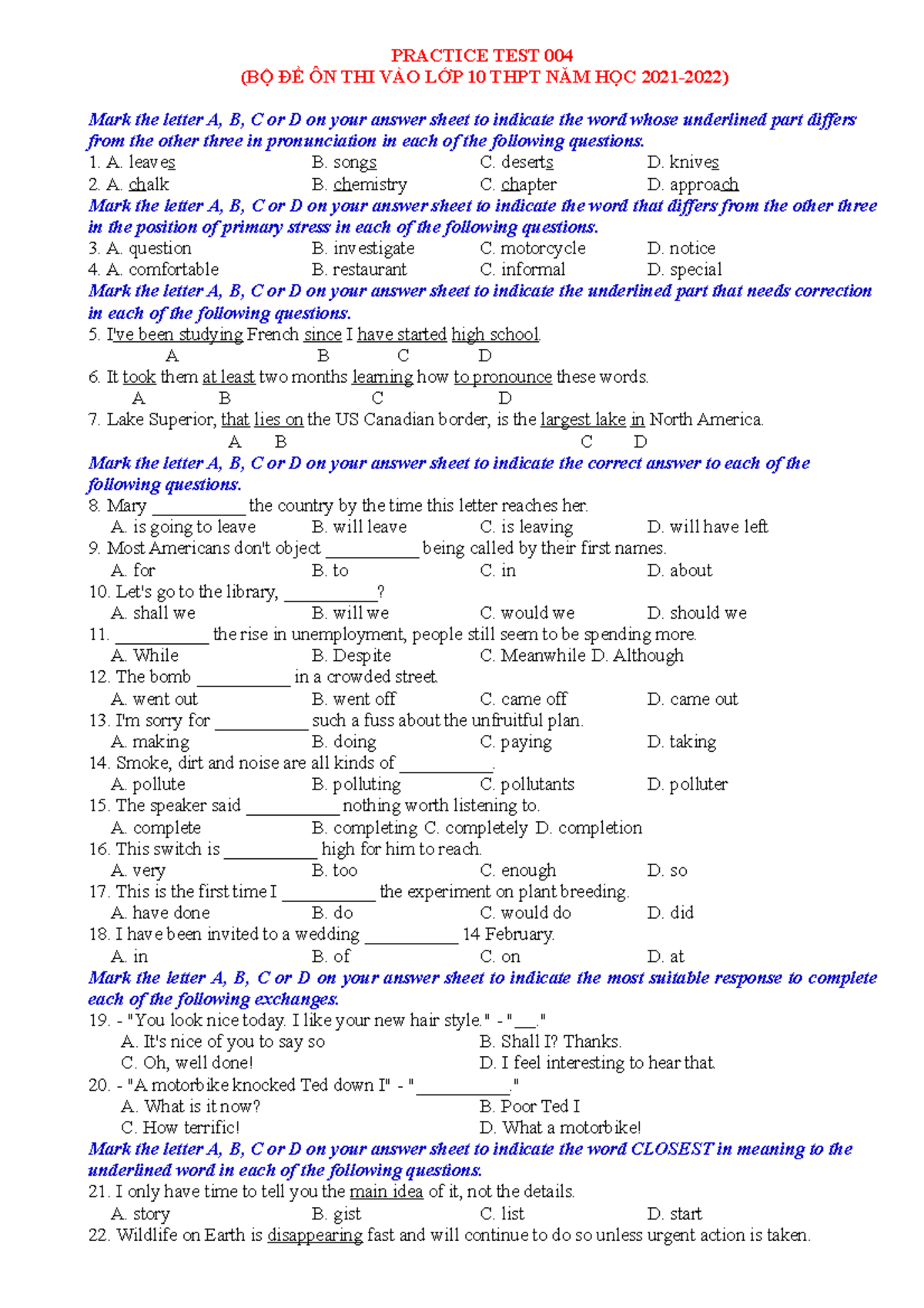 04. Practice TEST 004 - Grade 8 - PRACTICE TEST 004 (BỘ ĐỀ ÔN THI VÀO ...