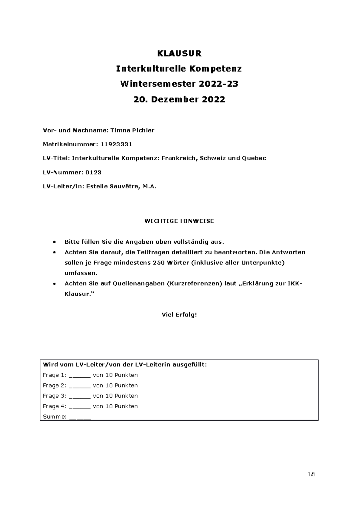 Ws22 ikk klausur dez - KLAUSUR Interkulturelle Kompetenz Wintersemester ...