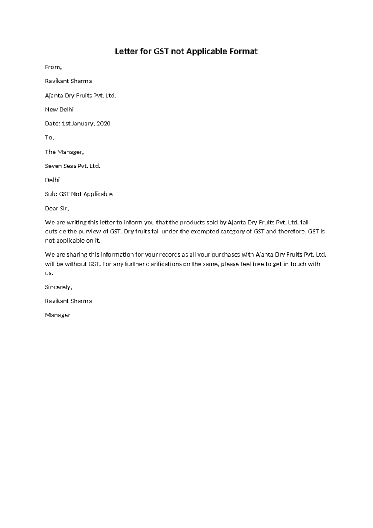 Letter GST Not Applicable - Letter for GST not Applicable Format From ...