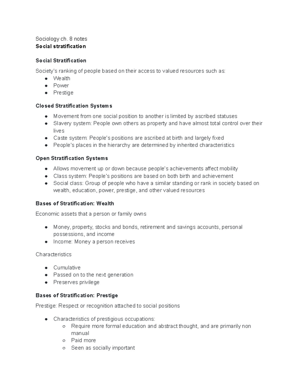 Sociology ch.8 notes - Sociology ch. 8 notes Social stratification ...