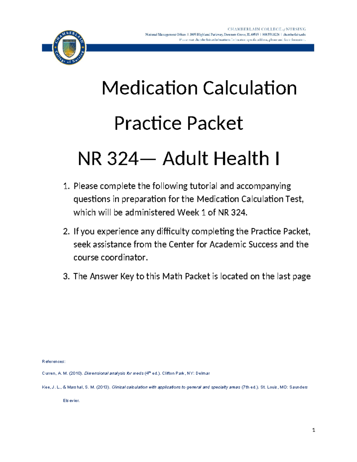 NR324 Med Surg Math Packet with Added KEY - Medication Calculation ...