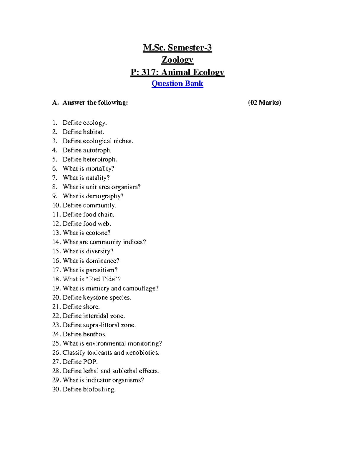 Question bank- Paper- 317-Animal Ecology - M. Semester- Zoology P: 317 ...