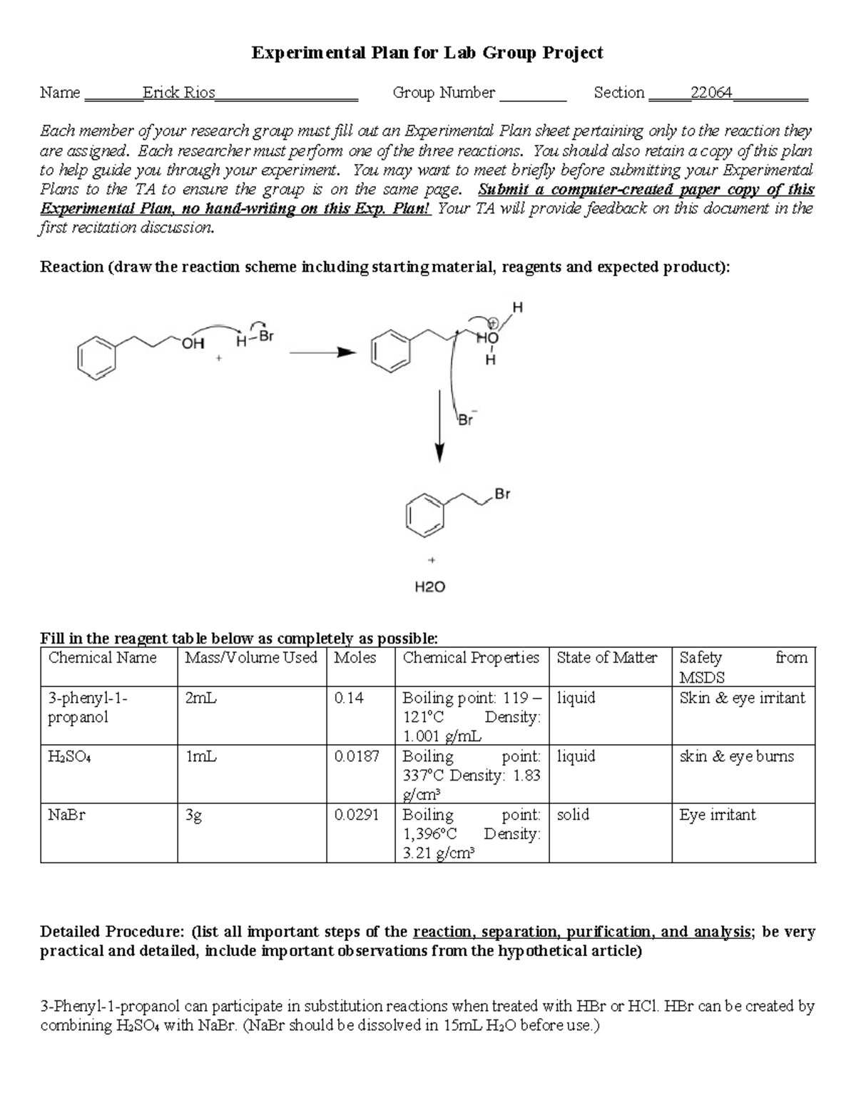 Experimental Plan - Each researcher must perform one of the three ...