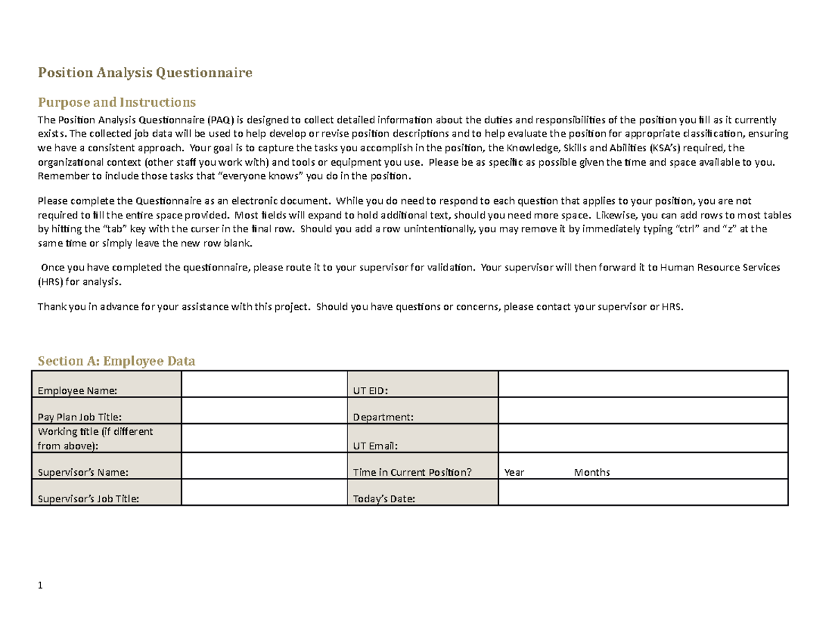 Position-analysis-questionnaire - Position Analysis Questionnaire ...
