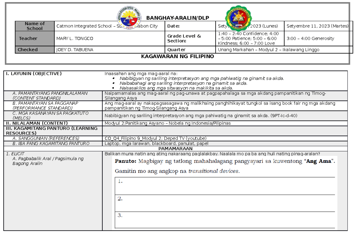 DLP- Filipino 9-Q1W2-Takipsilim sa Dyakarta - BANGHAY-ARALIN/DLP Name ...