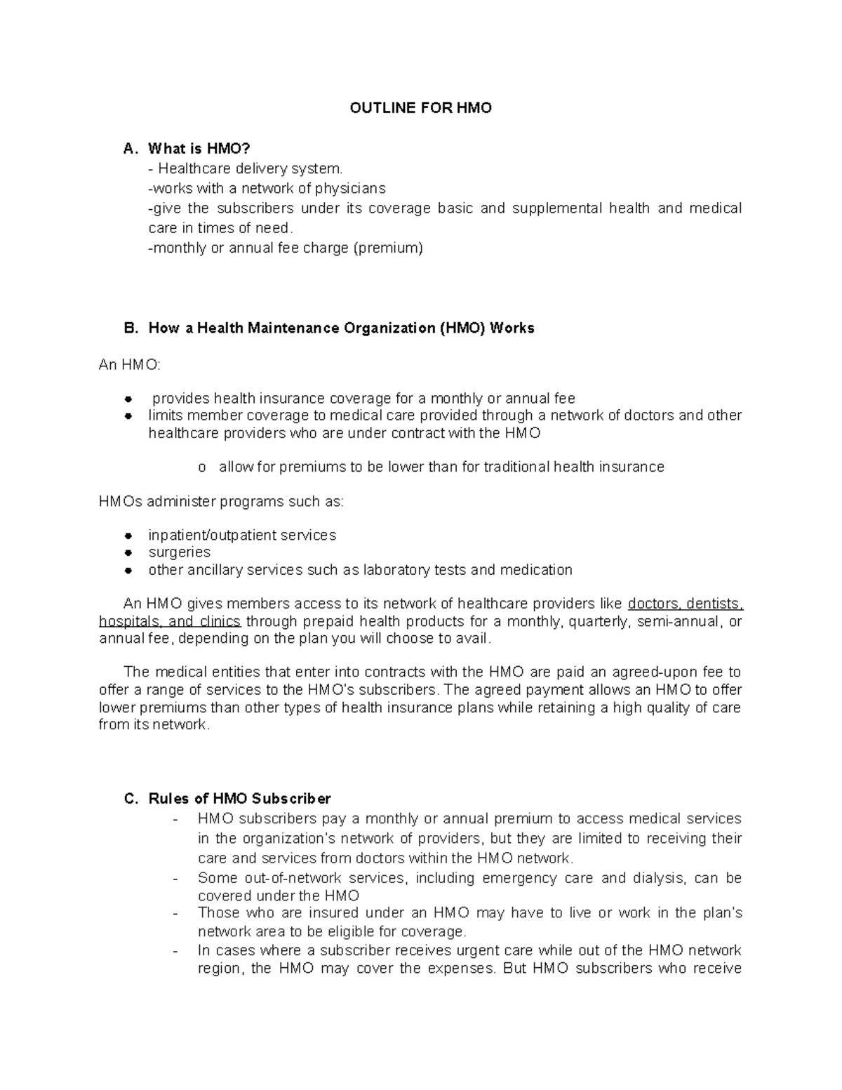 Outline FOR HMO - Health Management Organization - OUTLINE FOR HMO A ...
