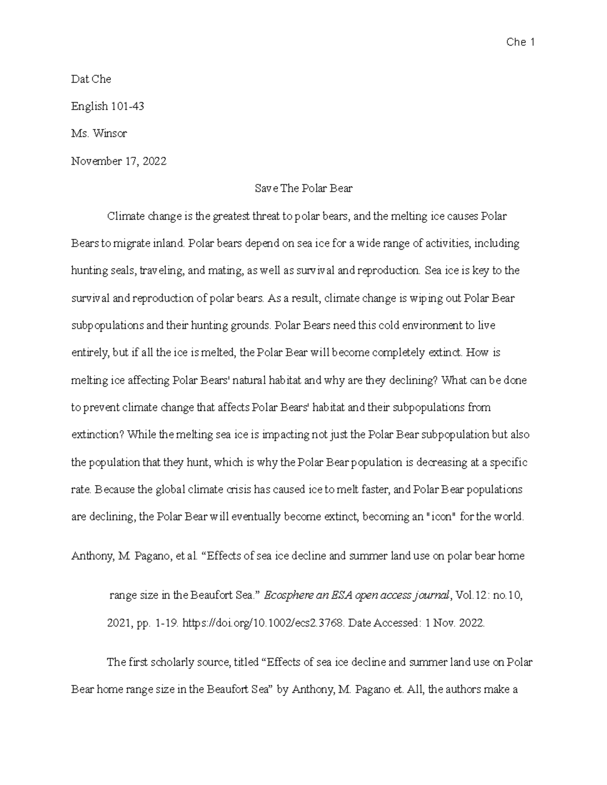 Save The Polar Bear - written essay for college writing - Dat Che ...