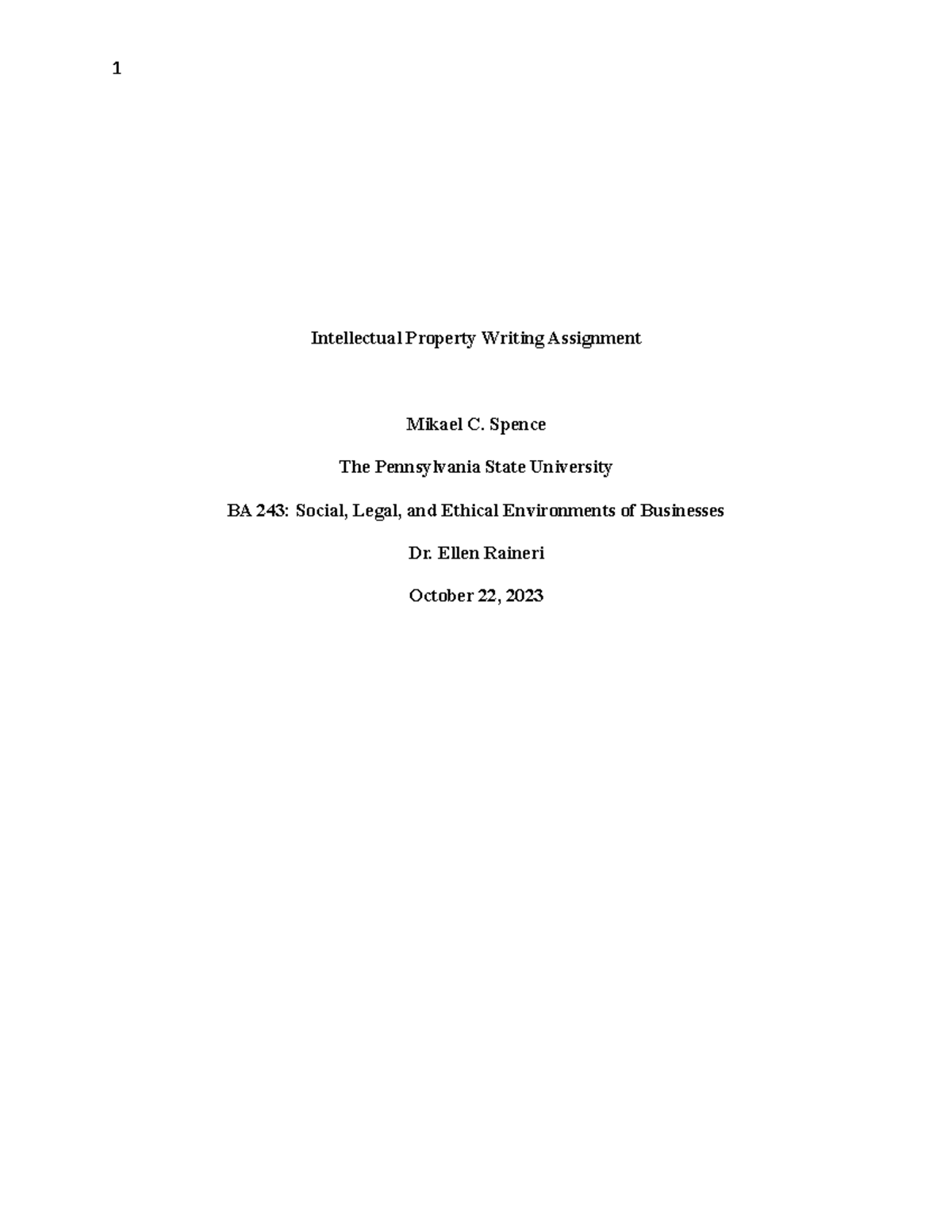 BA 243- Intellectual Property Writing Assignment - Intellectual ...